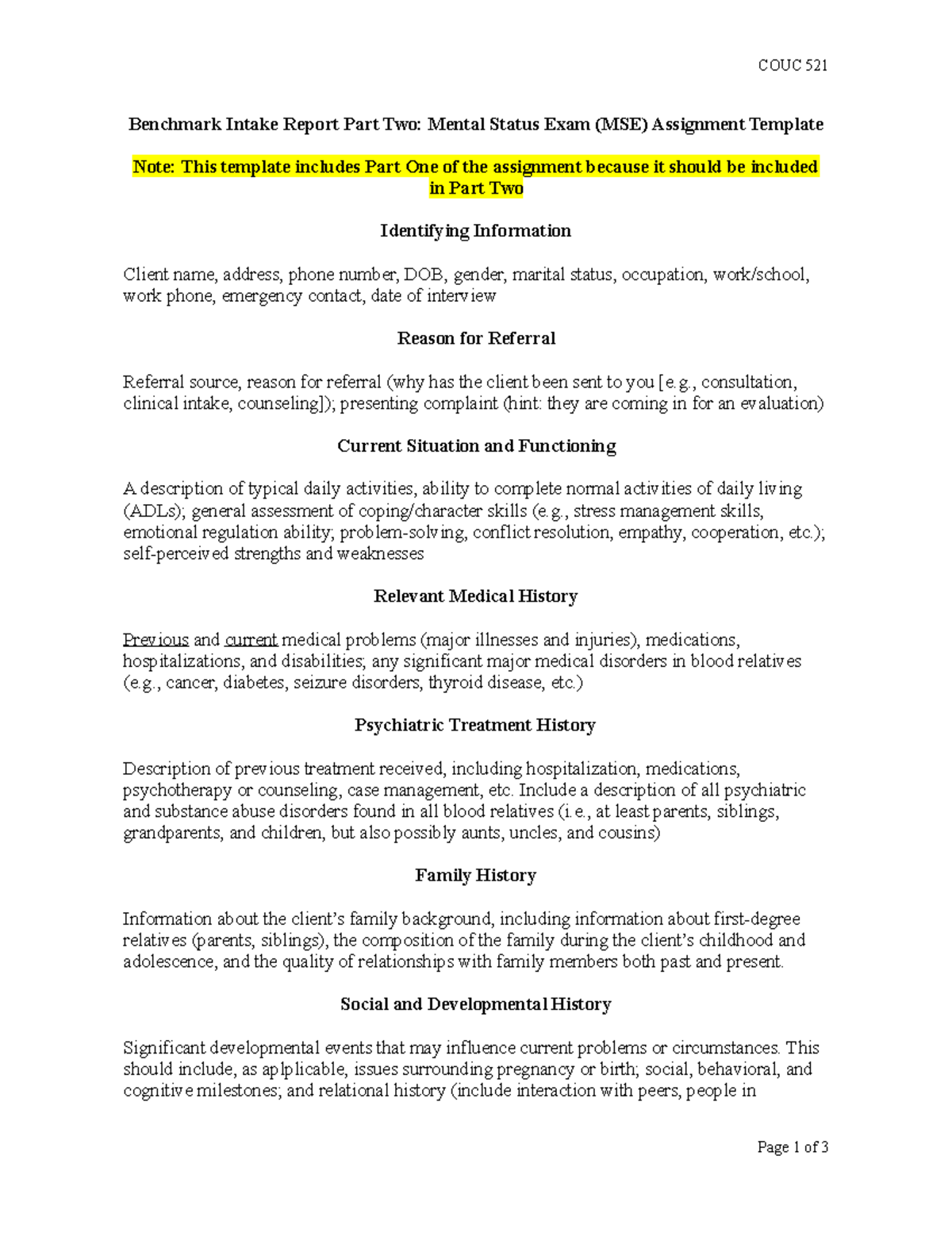 Benchmark Intake Report Part Two Mental Status Exam (MSE) Assignment Template - , consultation ...