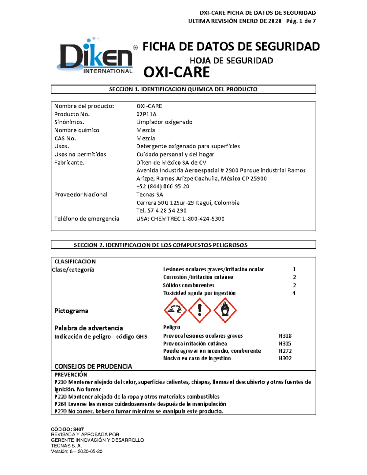3407 OXI-CARE HDS (v-8) - ULTIMA REVISIÓN ENERO DE 2020 Pág. 1 de 7 ...