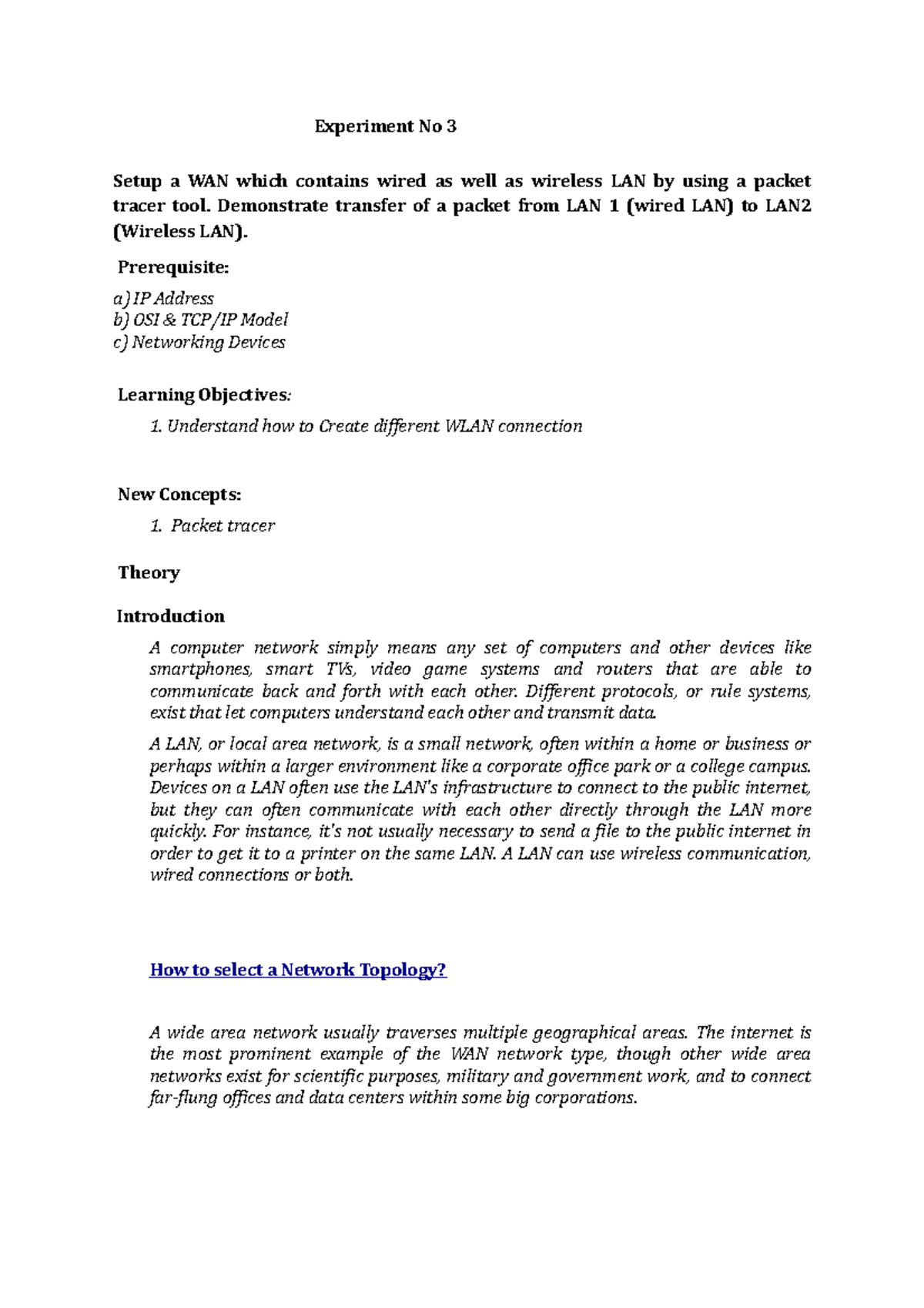 CN Experiment No 3 - Experiment No 3 Setup a WAN which contains wired as well as wireless LAN by ...