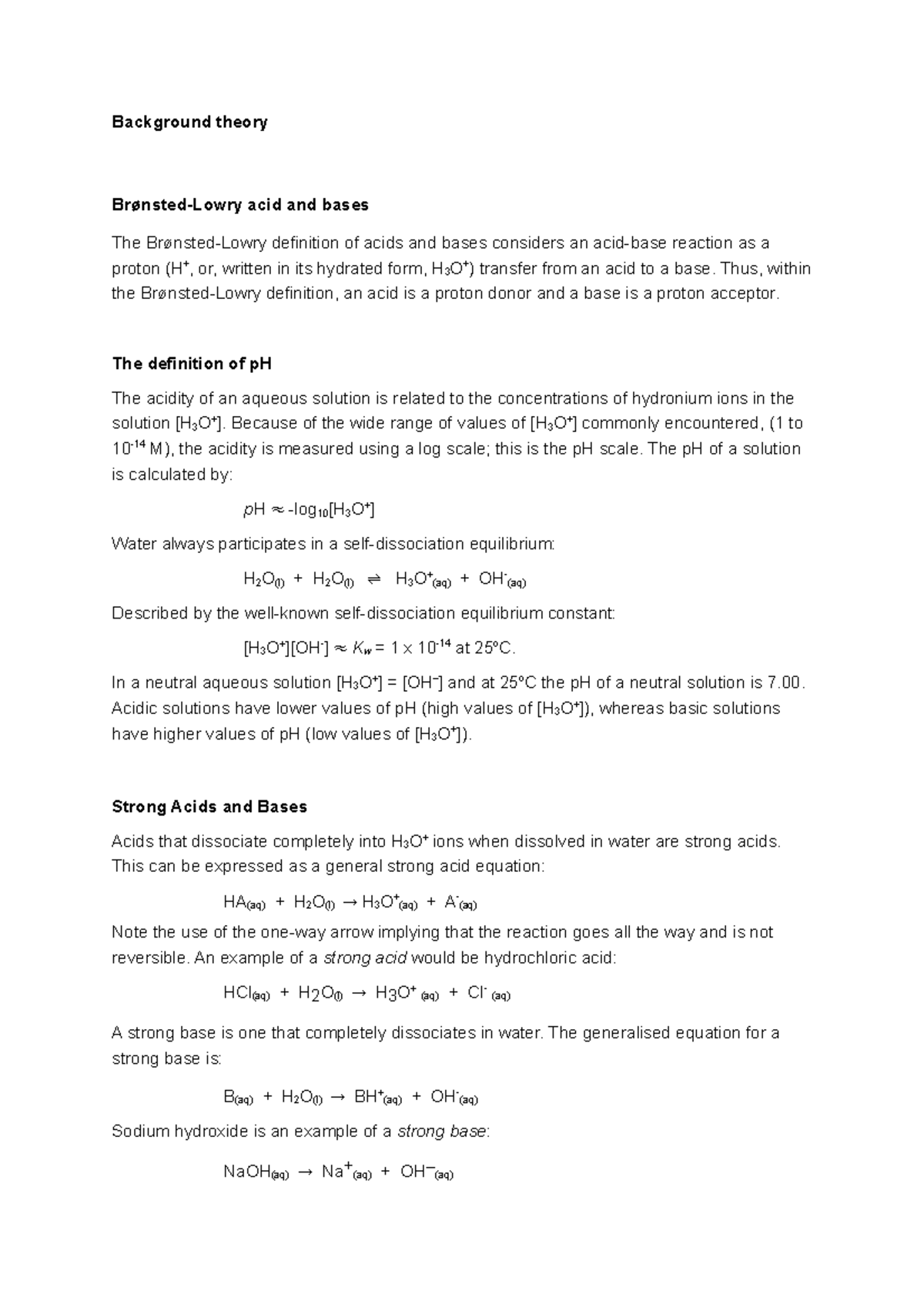 Acid Base Theory - Background theory Brønsted-Lowry acid and bases The ...