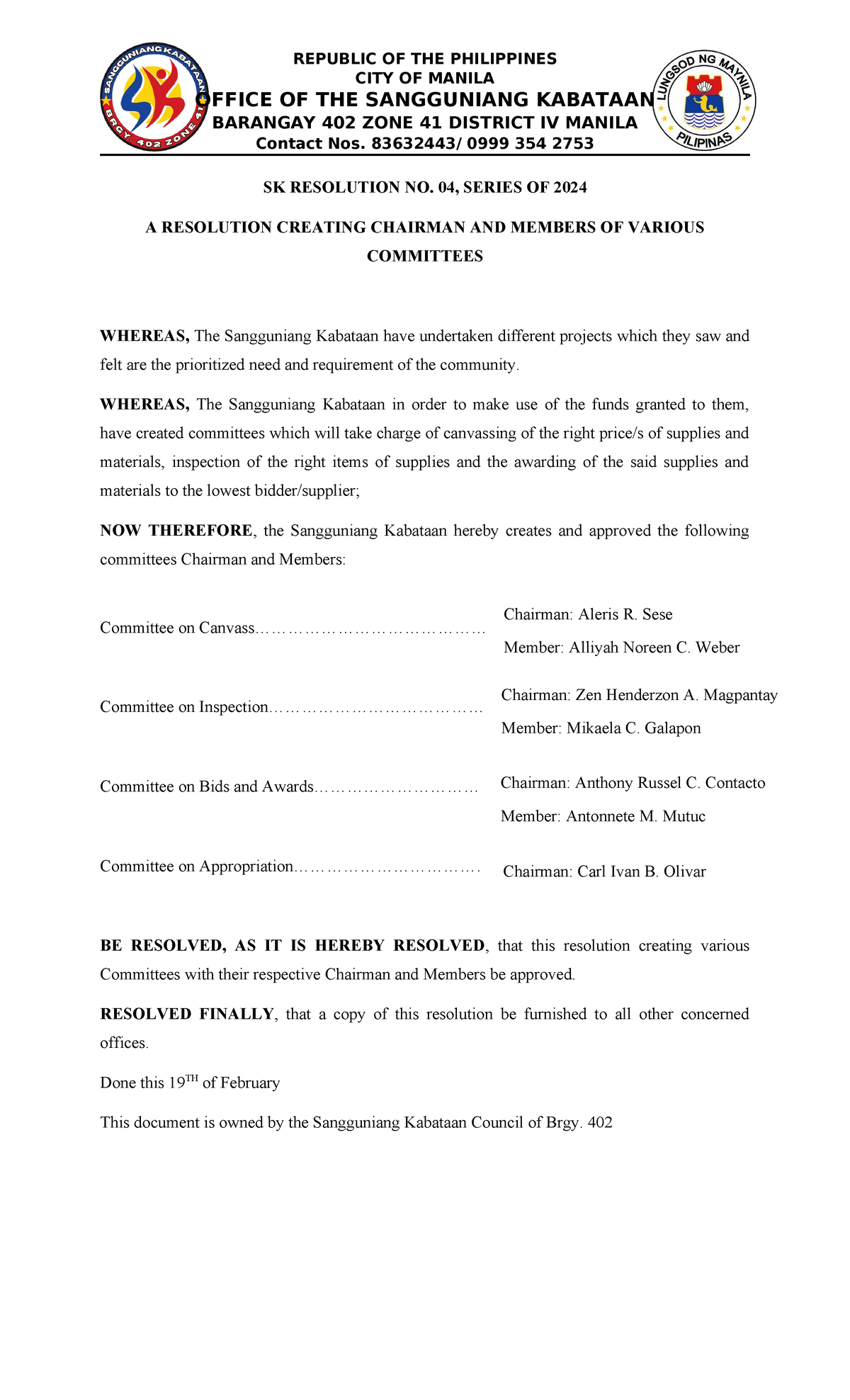 Sk Resolution 04 Series of 2024 - REPUBLIC OF THE PHILIPPINES CITY OF ...