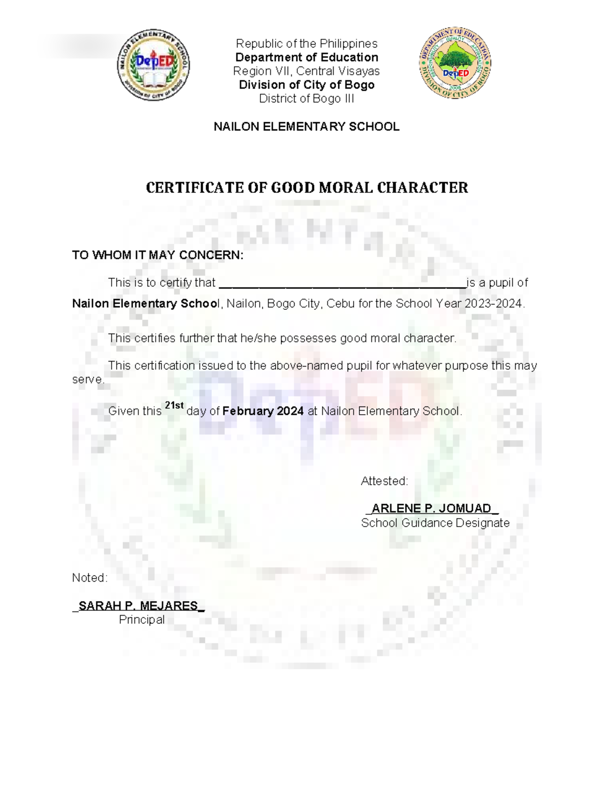Good-moral-pupil - Republic of the Philippines Department of Education ...