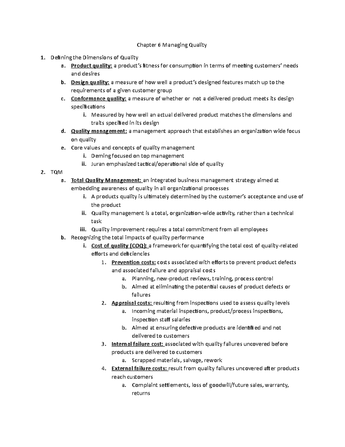 Chapter 6 Managing Quality - Chapter 6 Managing Quality 1. Defining the Dimensions of Quality a ...