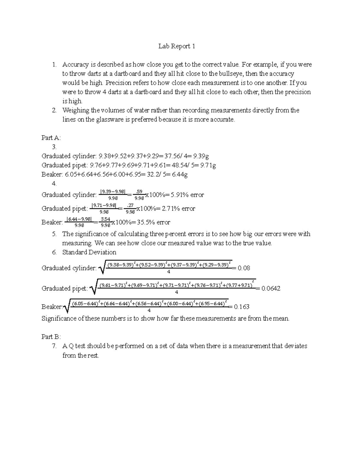 Group report lab 1 - gen chem lab 1 - Lab Report 1 1. Accuracy is ...