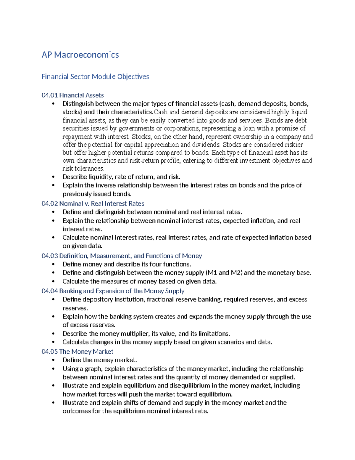Module 4 objectives for DBA - AP Macroeconomics Financial Sector Module ...