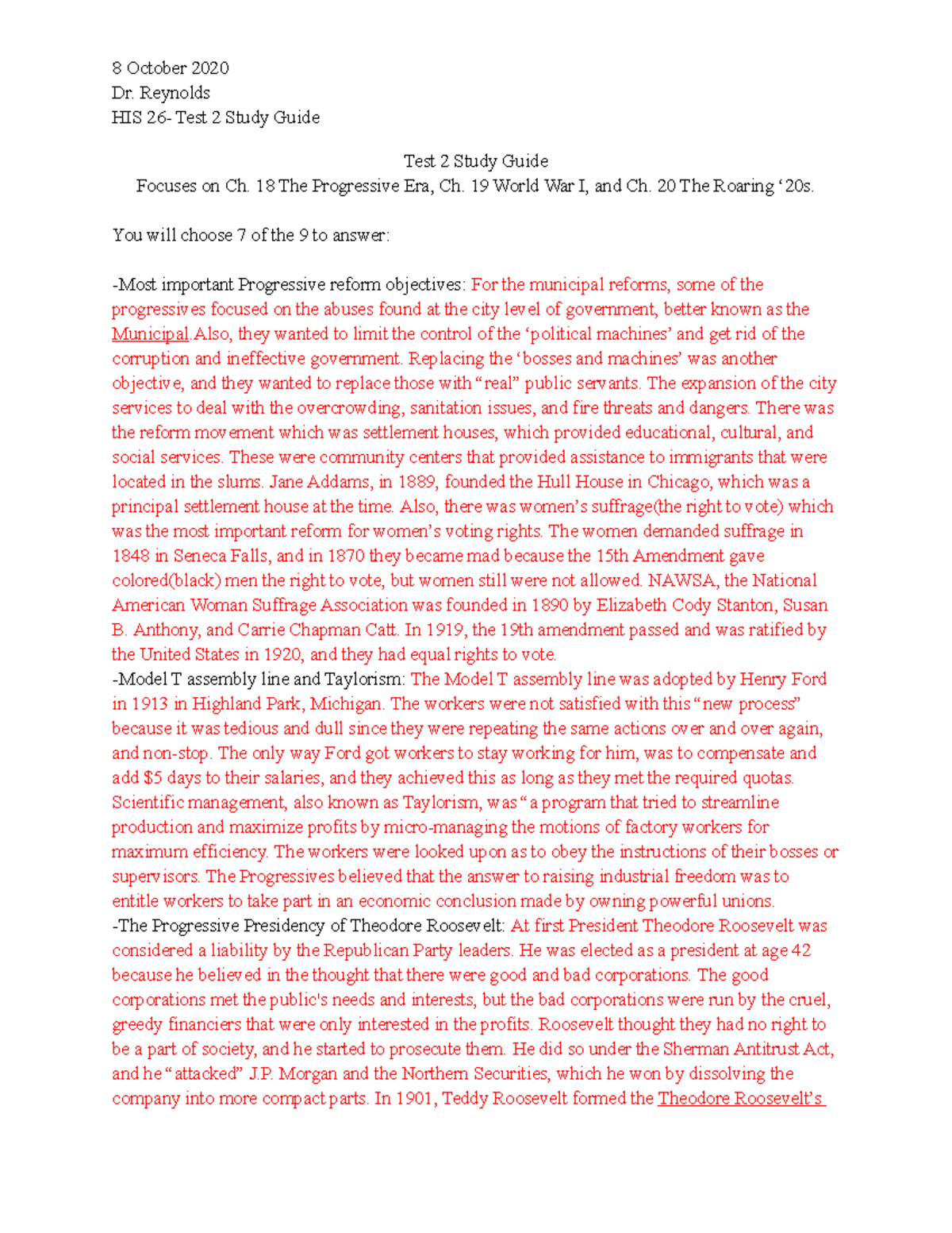 HIS 26- Test 2 Study Guide - 8 October 2020 Dr. Reynolds HIS 26- Test 2 ...