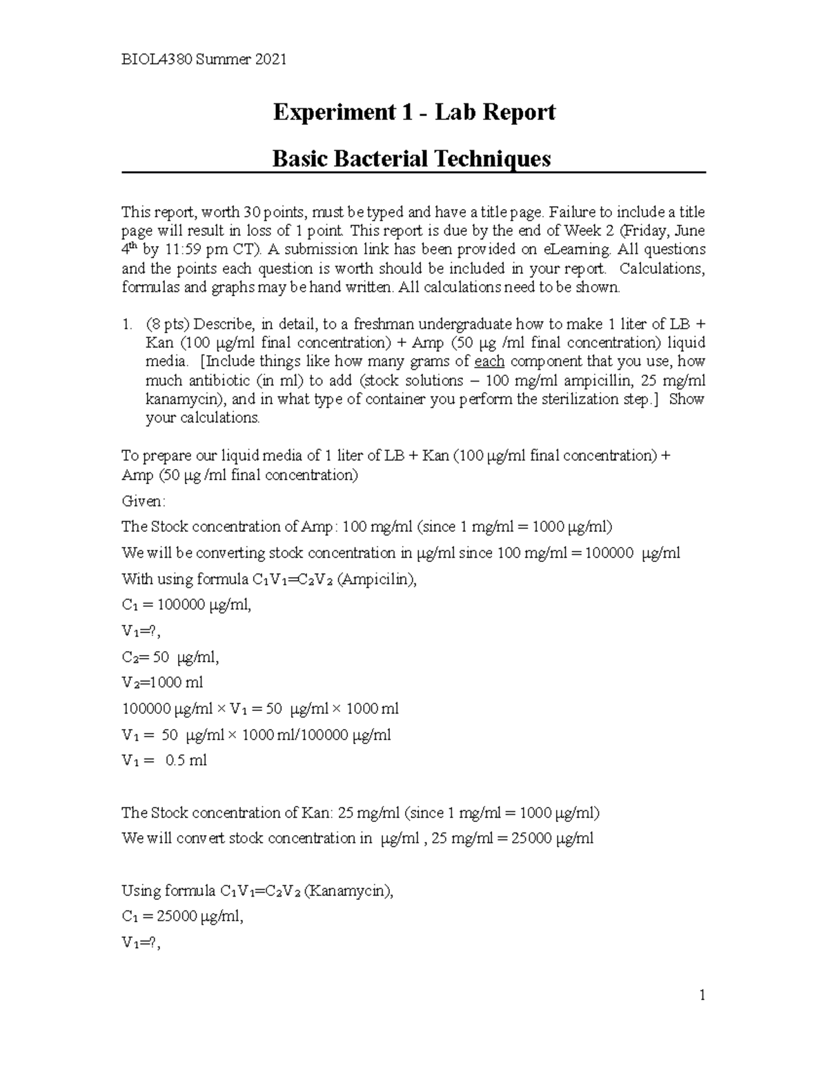 E1 Lab Report Questions U21 - Experiment 1 - Lab Report Basic Bacterial ...