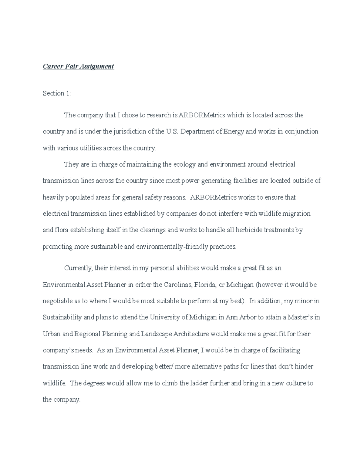 Career Fair Assignment - Career Fair Assignment Section 1: The company ...