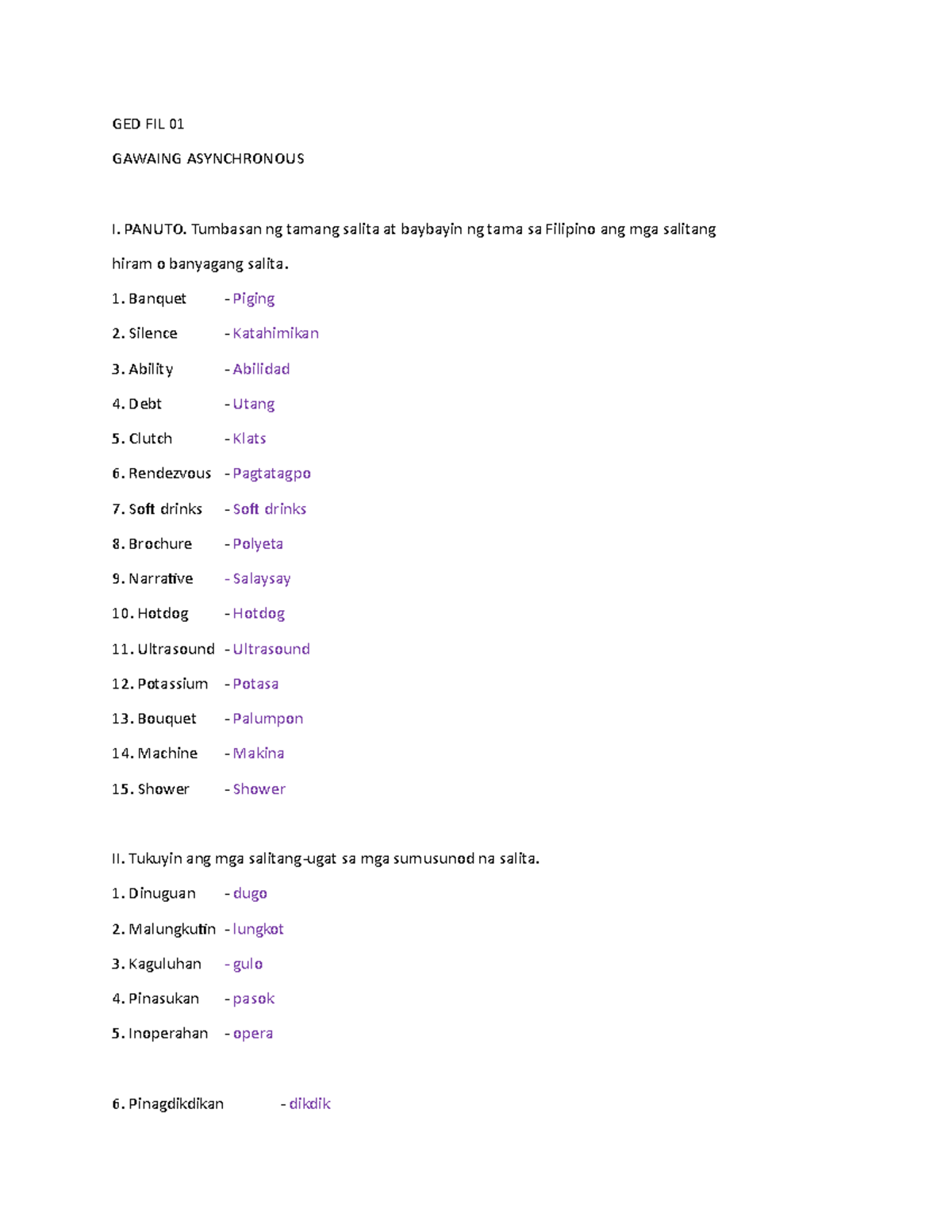 Asynchronous na gawain - GED FIL 01 GAWAING ASYNCHRONOUS I. PANUTO ...