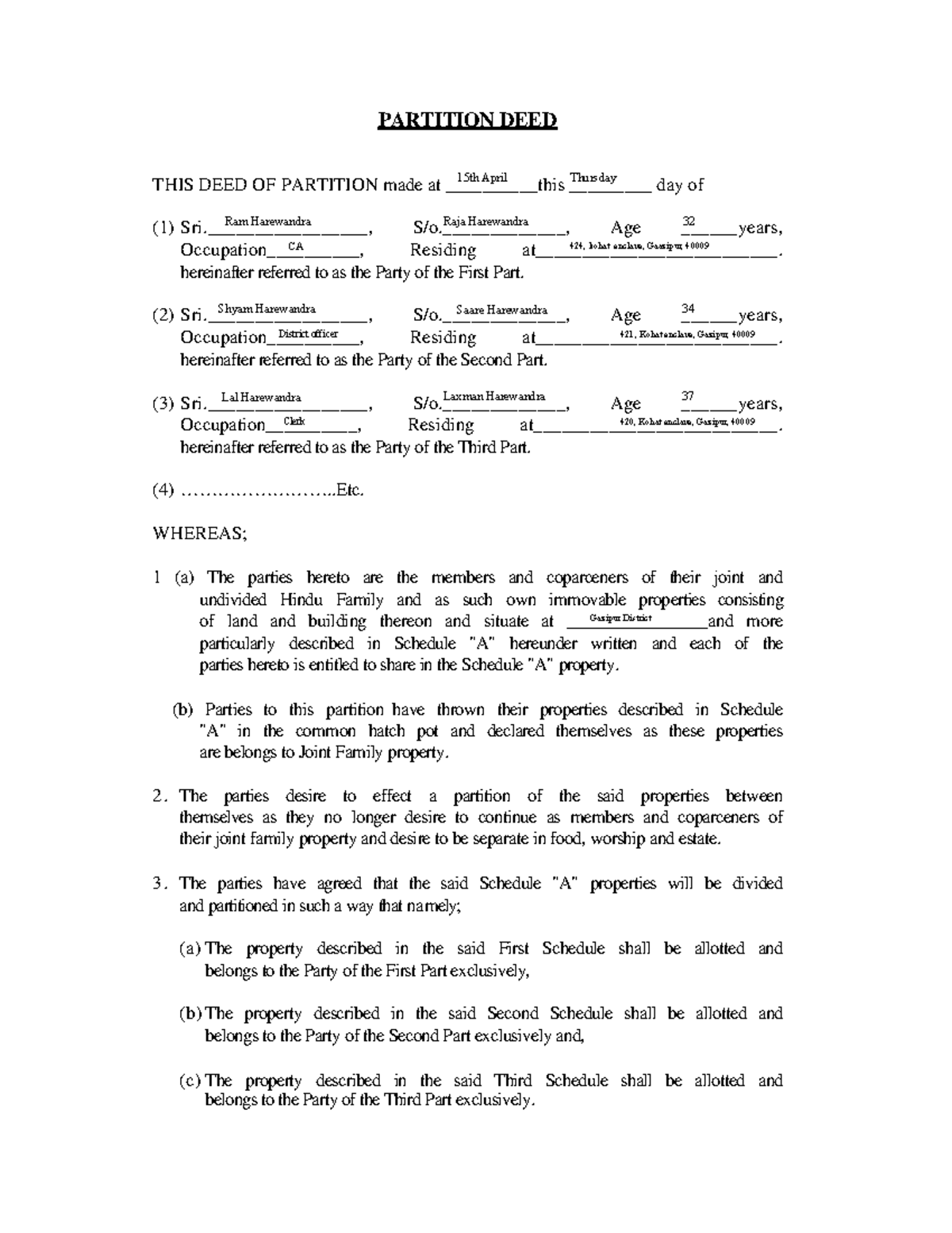 Partition DEED - dwnknk2 - PARTITION DEED THIS DEED OF PARTITION made ...