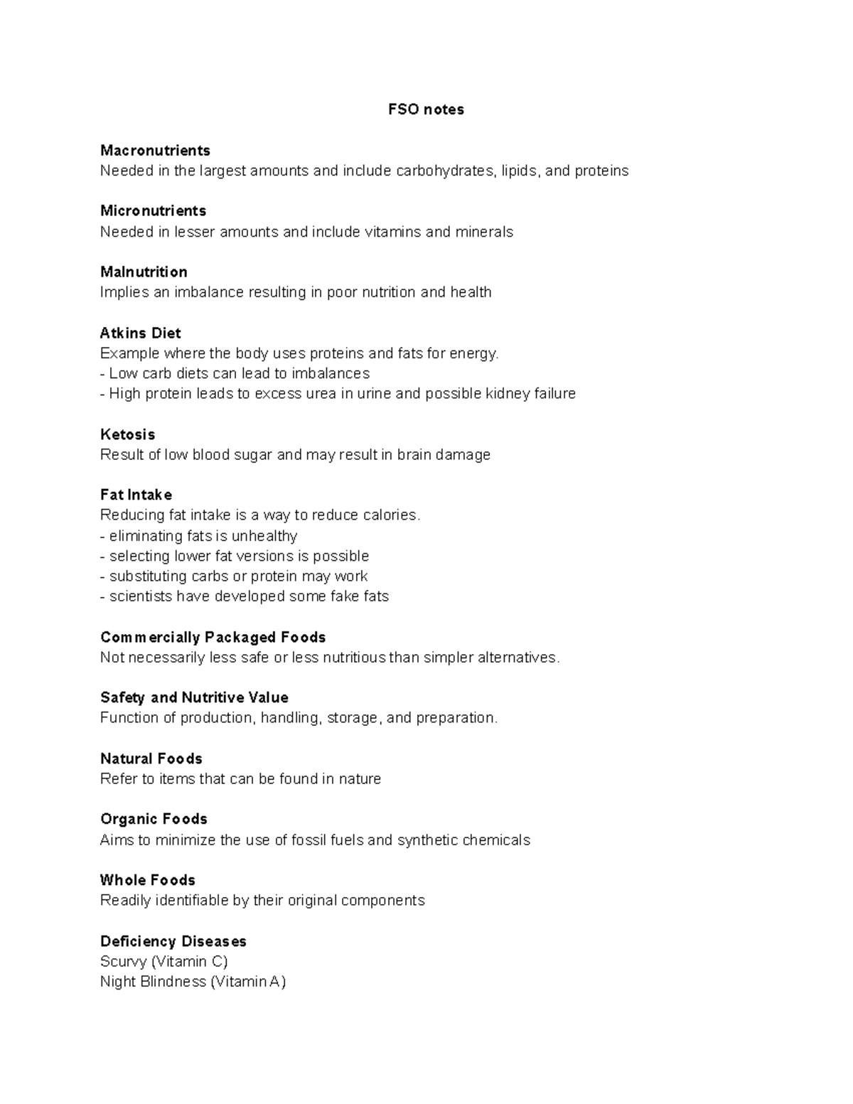 Food science 2 - Fundamentals of food and nutrition vocab - FSO notes ...