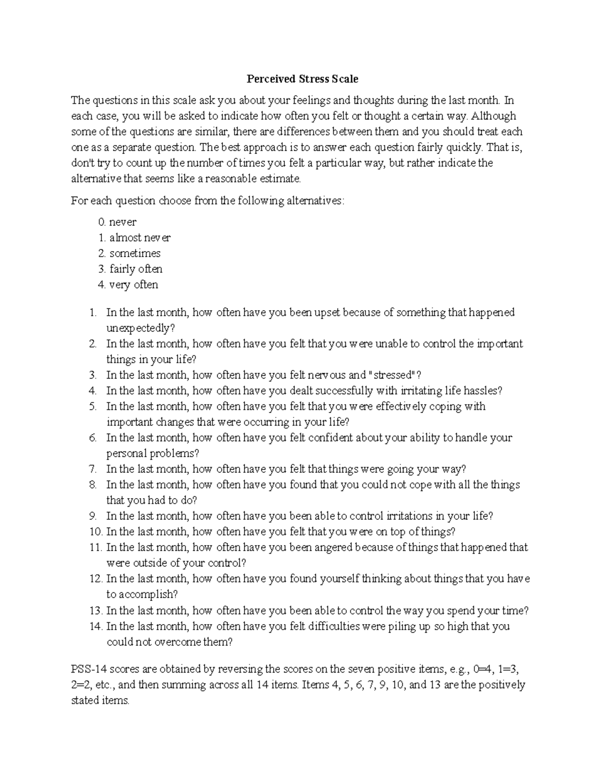 Perceived Stress Scale - In each case, you will be asked to indicate ...