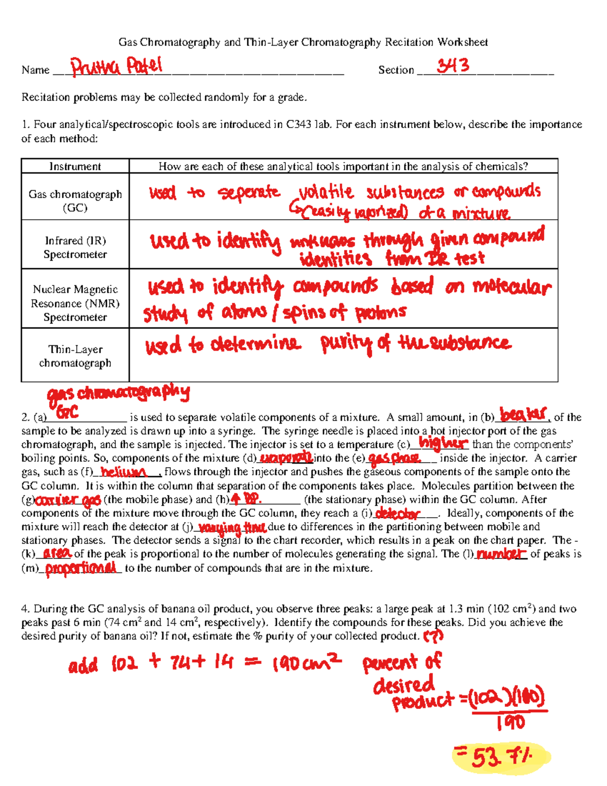 GC and TLC Worksheet - Organic Chemistry I lab 342 - Gas Chromatography ...