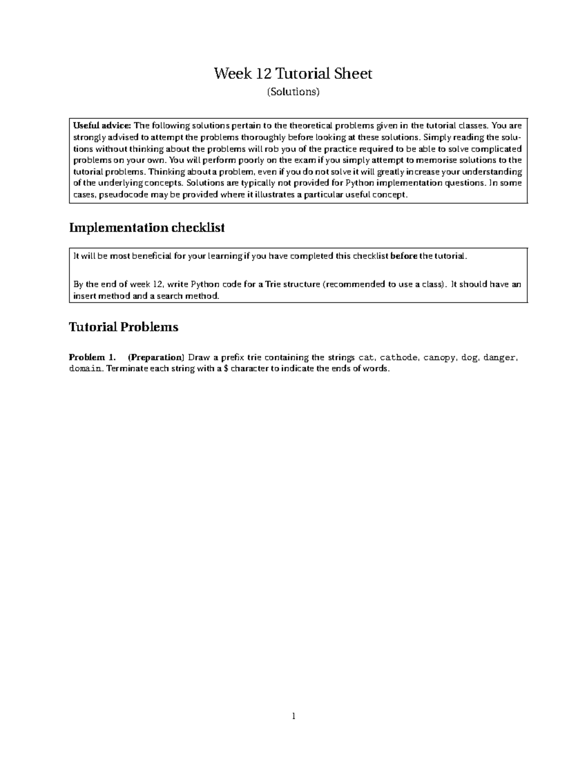 Week12-solutions - Week 12 Tutorial and Solutions - Week 12 Tutorial Sheet (Solutions) Useful ...
