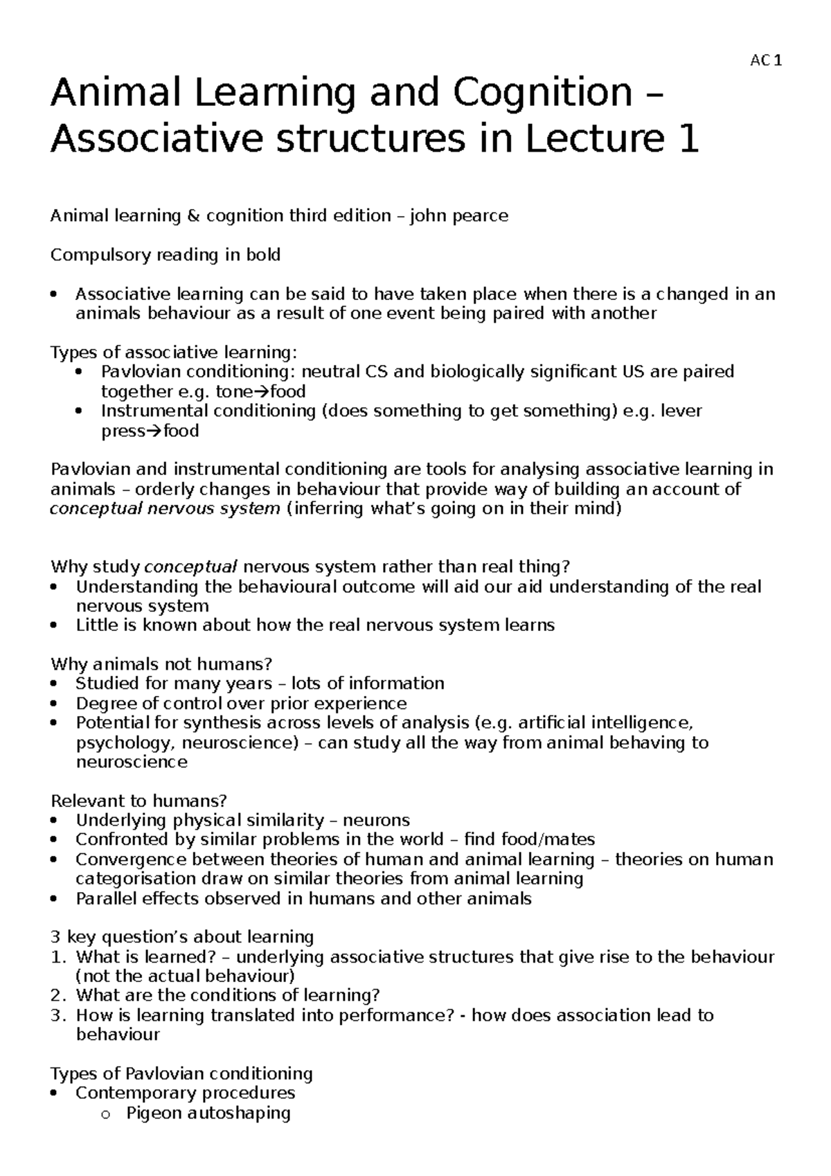 Animal Cognition Lecture 1 notes - Animal Learning and Cognition ...