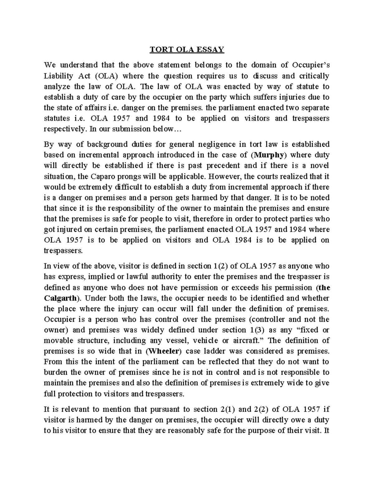 TORT OLA Essay - TORT OLA ESSAY We understand that the above statement ...