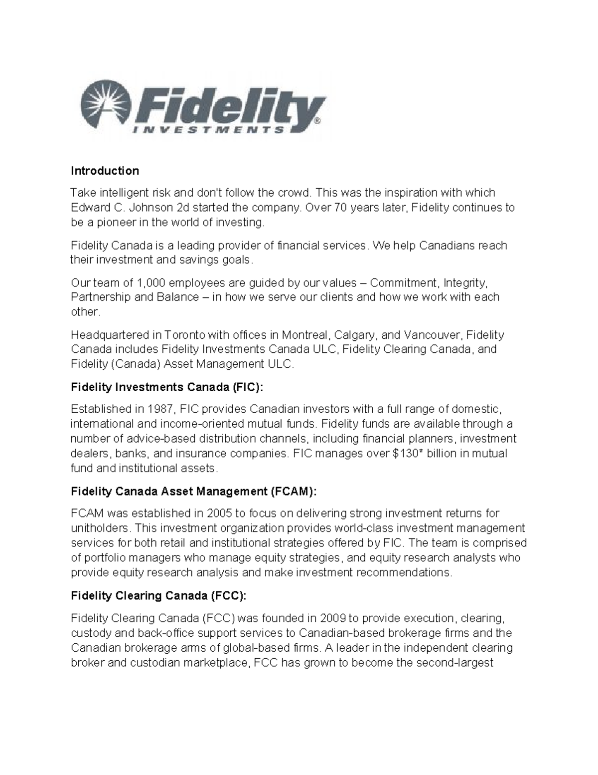 Fidelity Case Study 2020 for the case - Introduction Take intelligent ...
