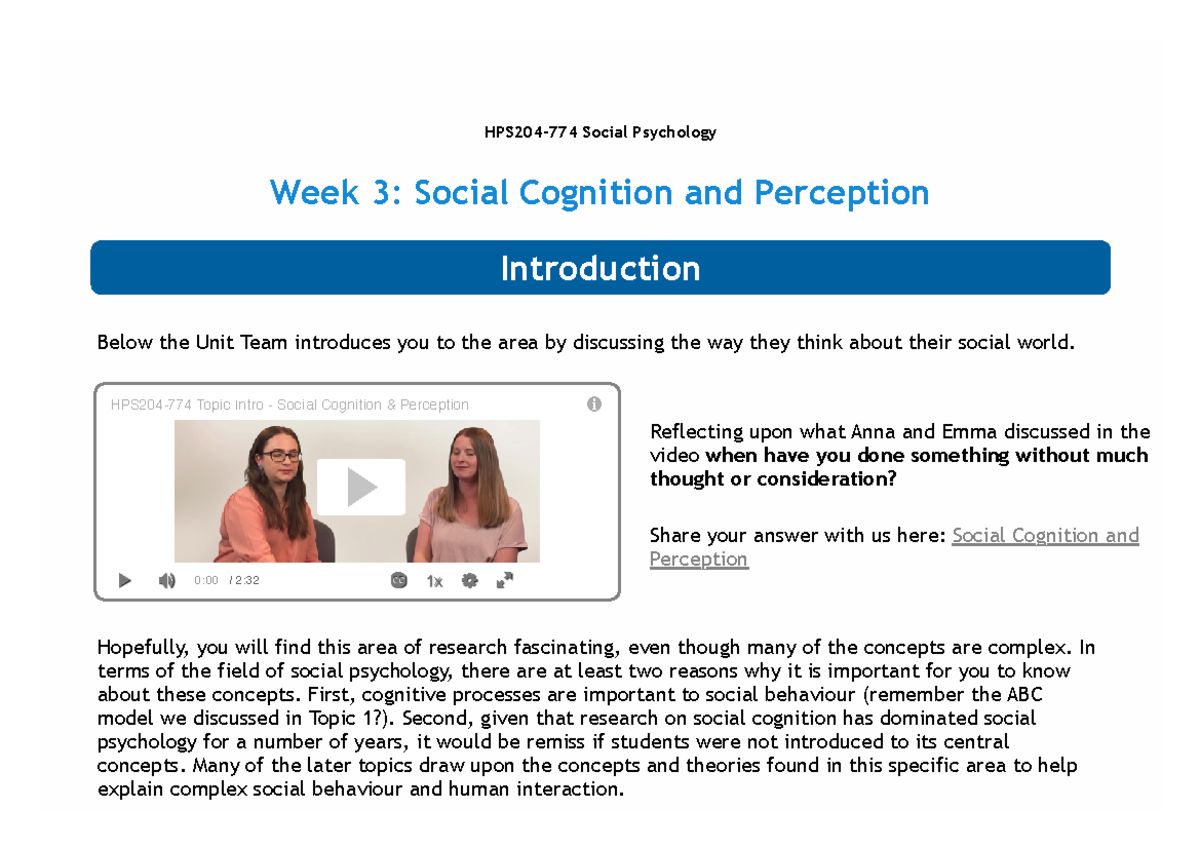 Social Cognition and perception - HPS204-774 Social Psychology Week 3 ...