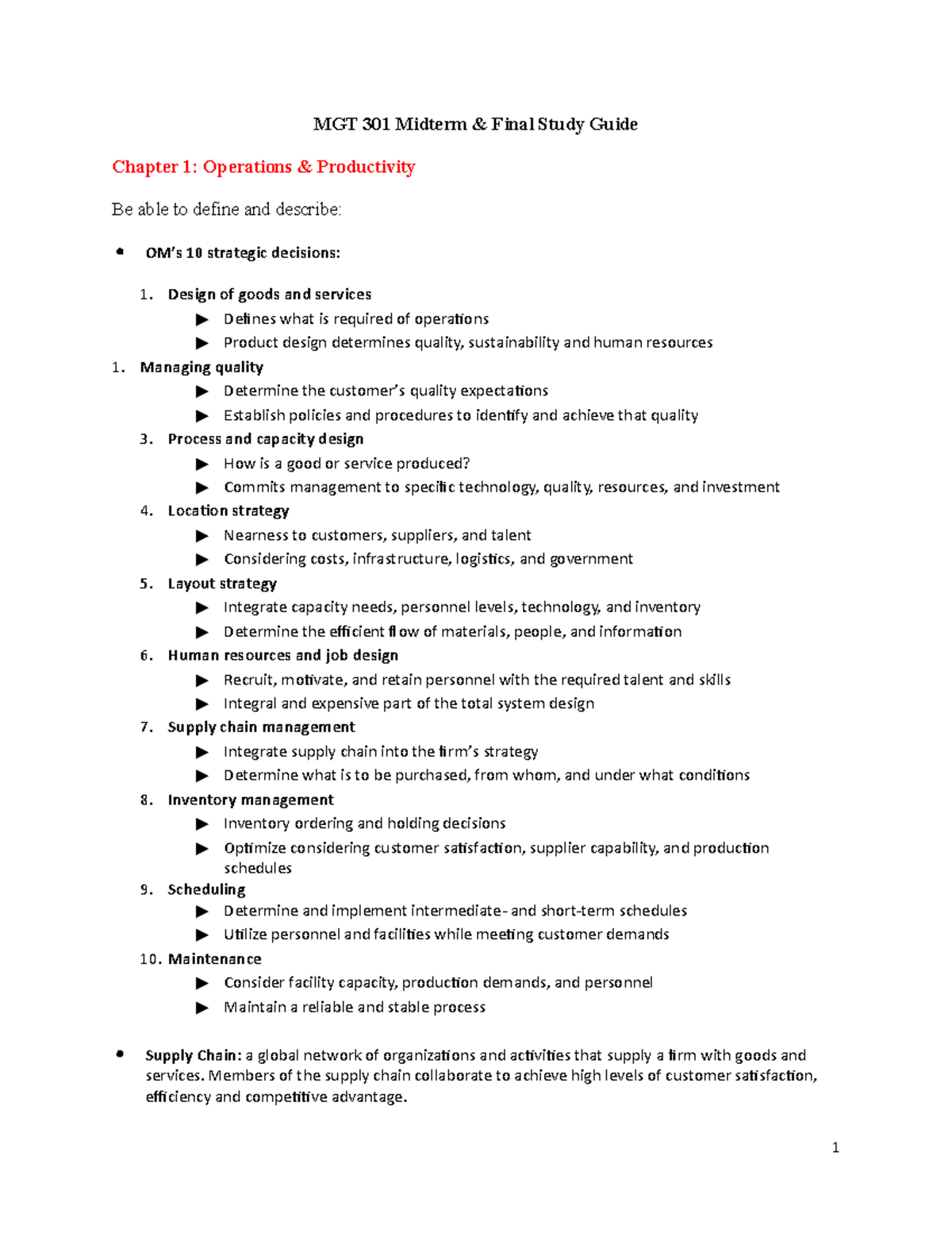 MNG 301 Study Guide - MGT 301 Midterm Final Study 1: Operations able to define and 10 strategic ...