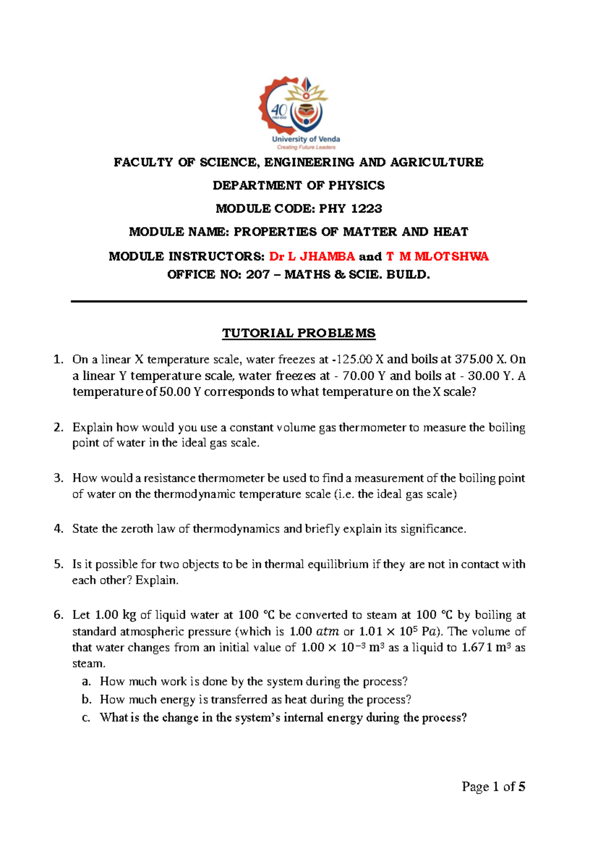 PHY 1223 Practice problems 2023 - FACULTY OF SCIENCE, ENGINEERING AND ...