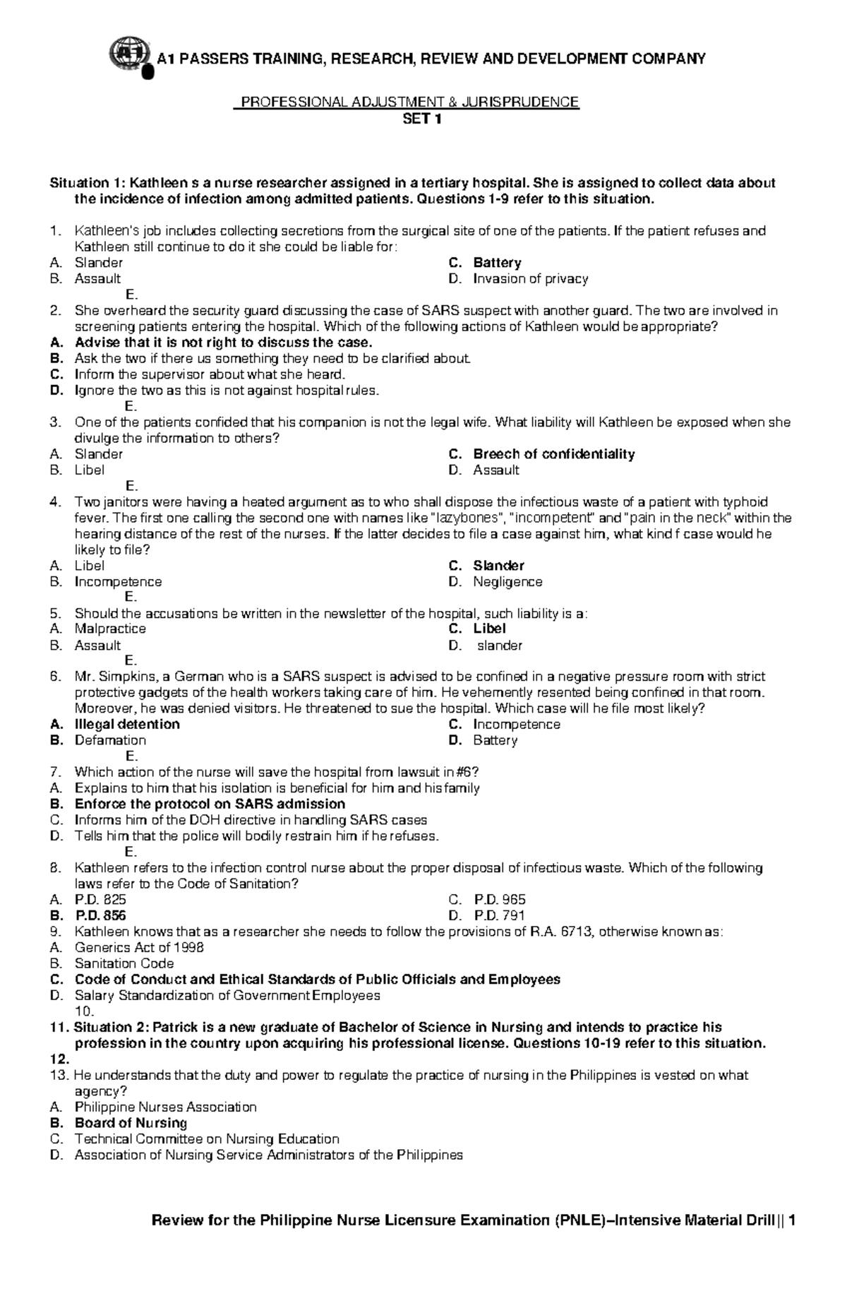 NLM2 NO Answers - QUESTIONS - A1 PASSERS TRAINING, RESEARCH, REVIEW AND ...