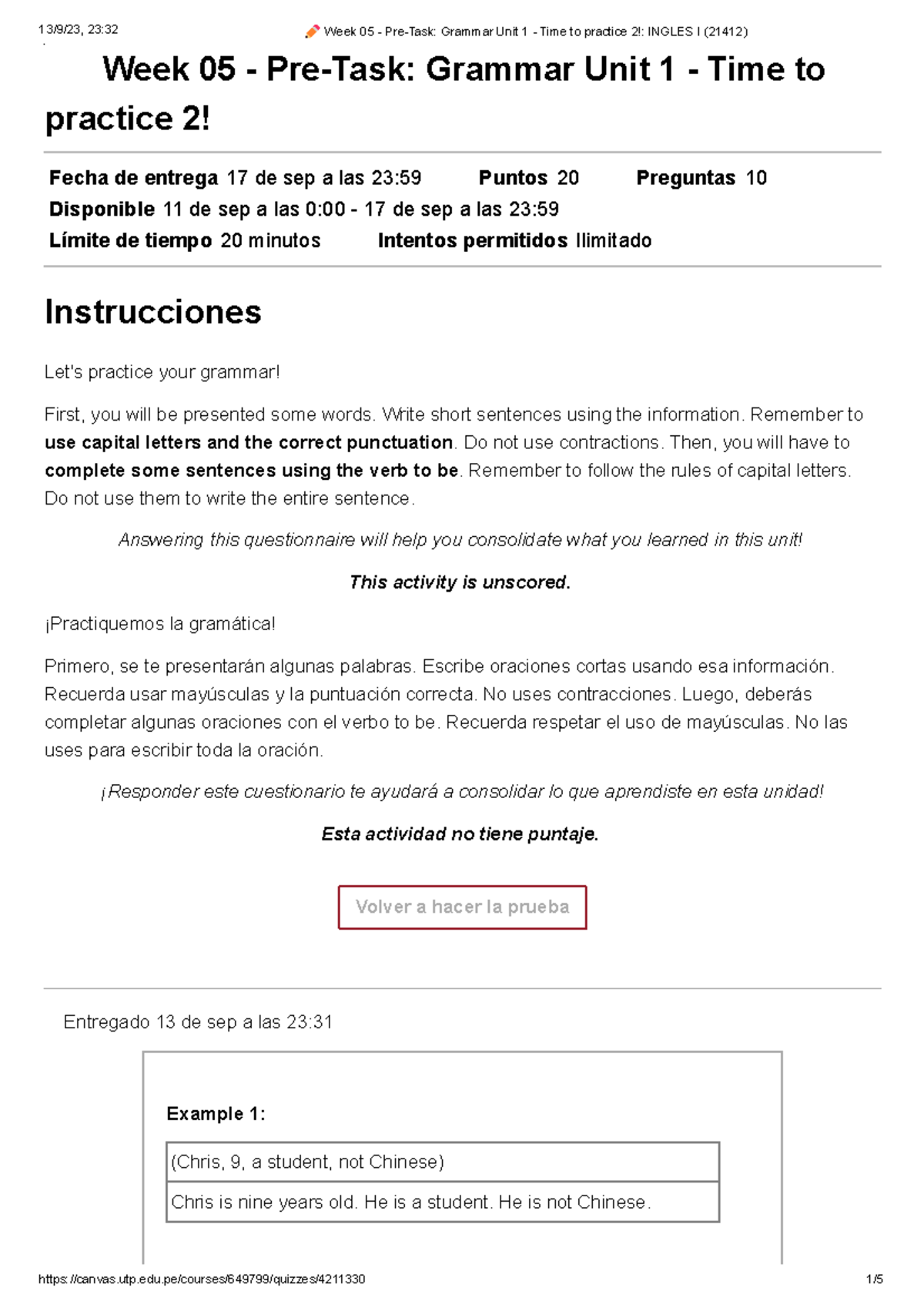 ️ Week 05 - Pre-Task Grammar Unit 1 - Time to practice 2 Ingles I ...