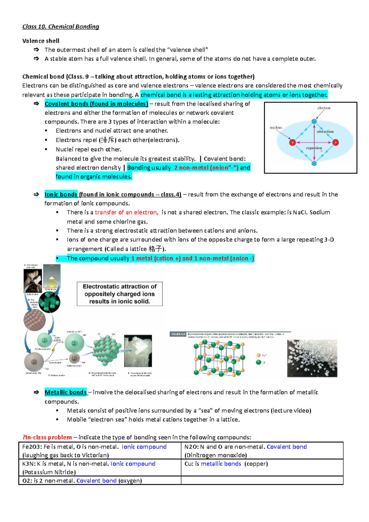 Section 2 Lecture note - Class 10. Chemical Bonding Valence shell The ...