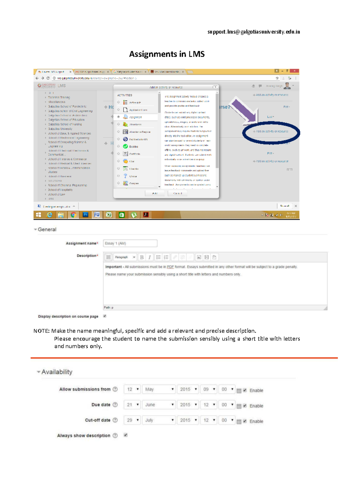 Creating an assignment on Moodle - Assignments in LMS NOTE: Make the name meaningful, specific ...