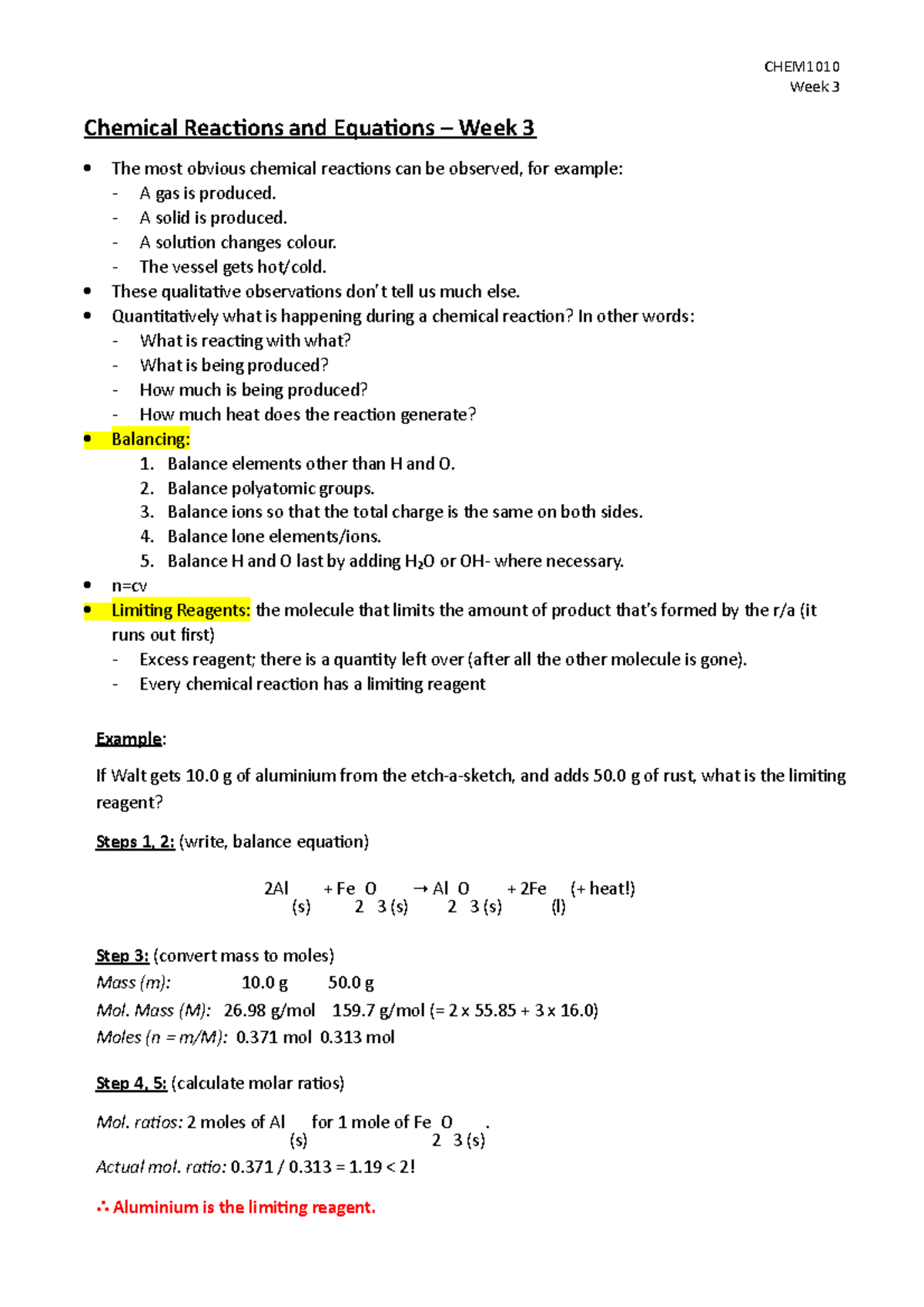 Week 3 Notes (Reactions and Equations) - Week 3 Chemical Reactions and ...