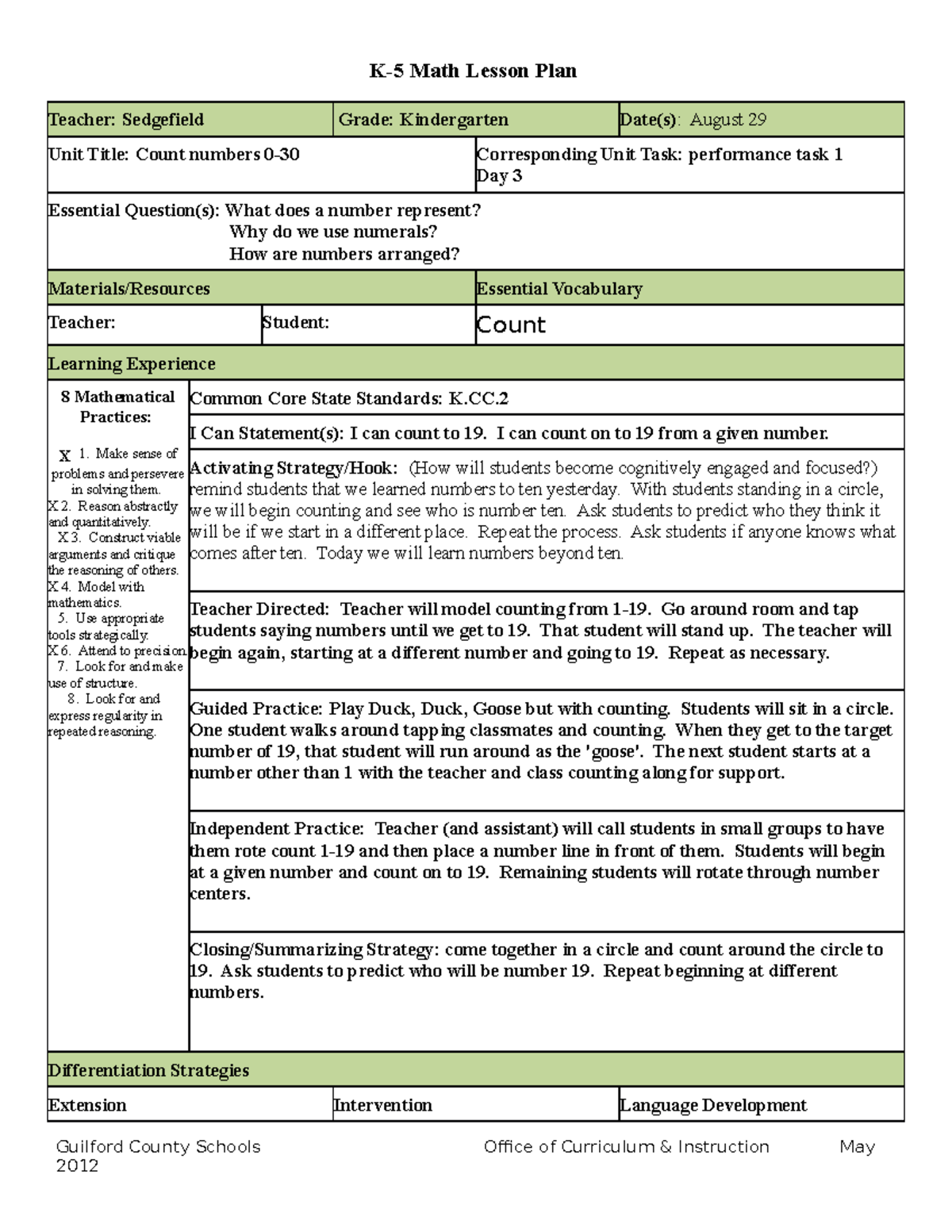 Unit 5 Task - Unit 5 _Task - K-5 Math Lesson Plan Teacher: Sedgefield ...