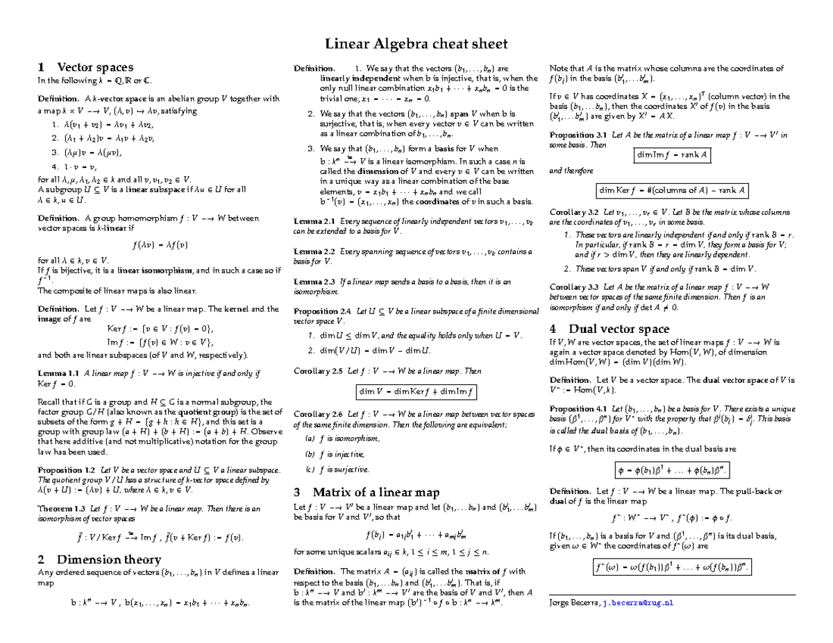 Cheat sheet - kjkjkjkjkjkjkjkjkj - Linear Algebra cheat sheet 1 Vector ...
