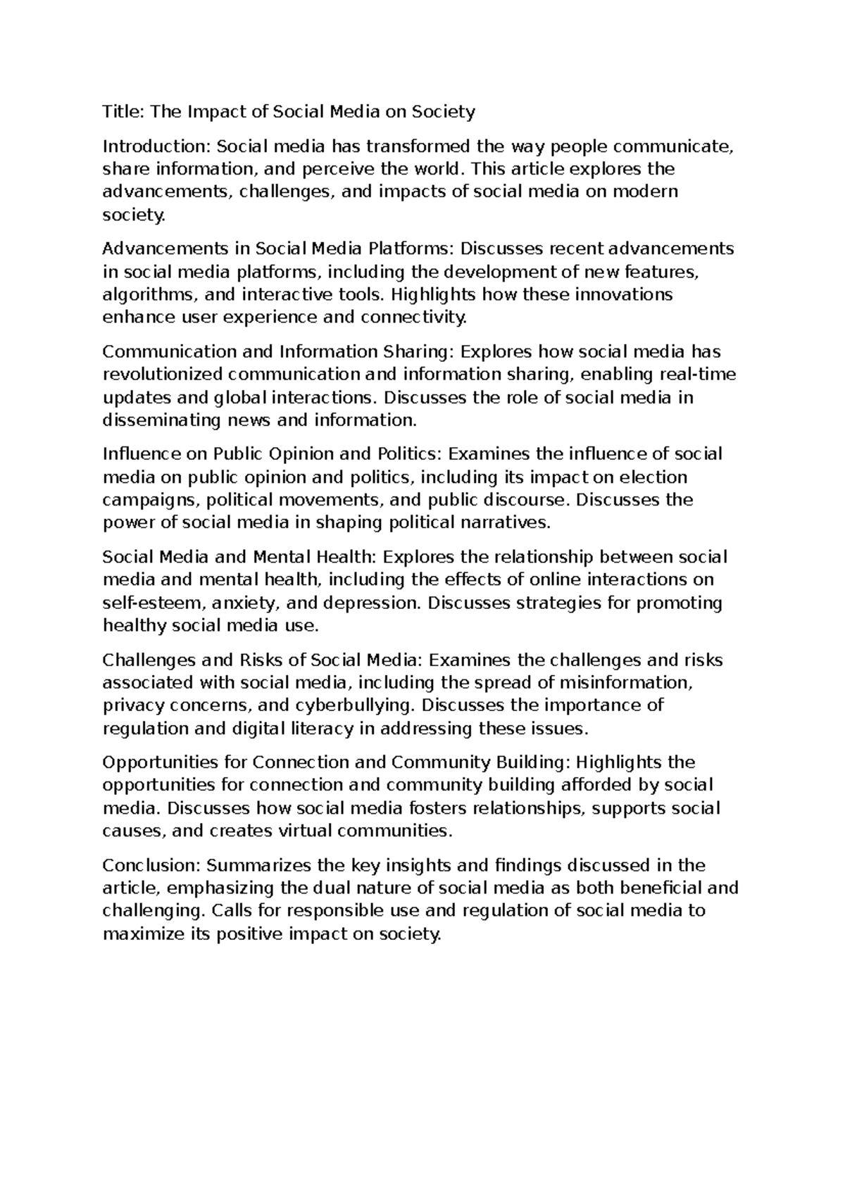 The Impact of Social Media on Society - Title: The Impact of Social ...