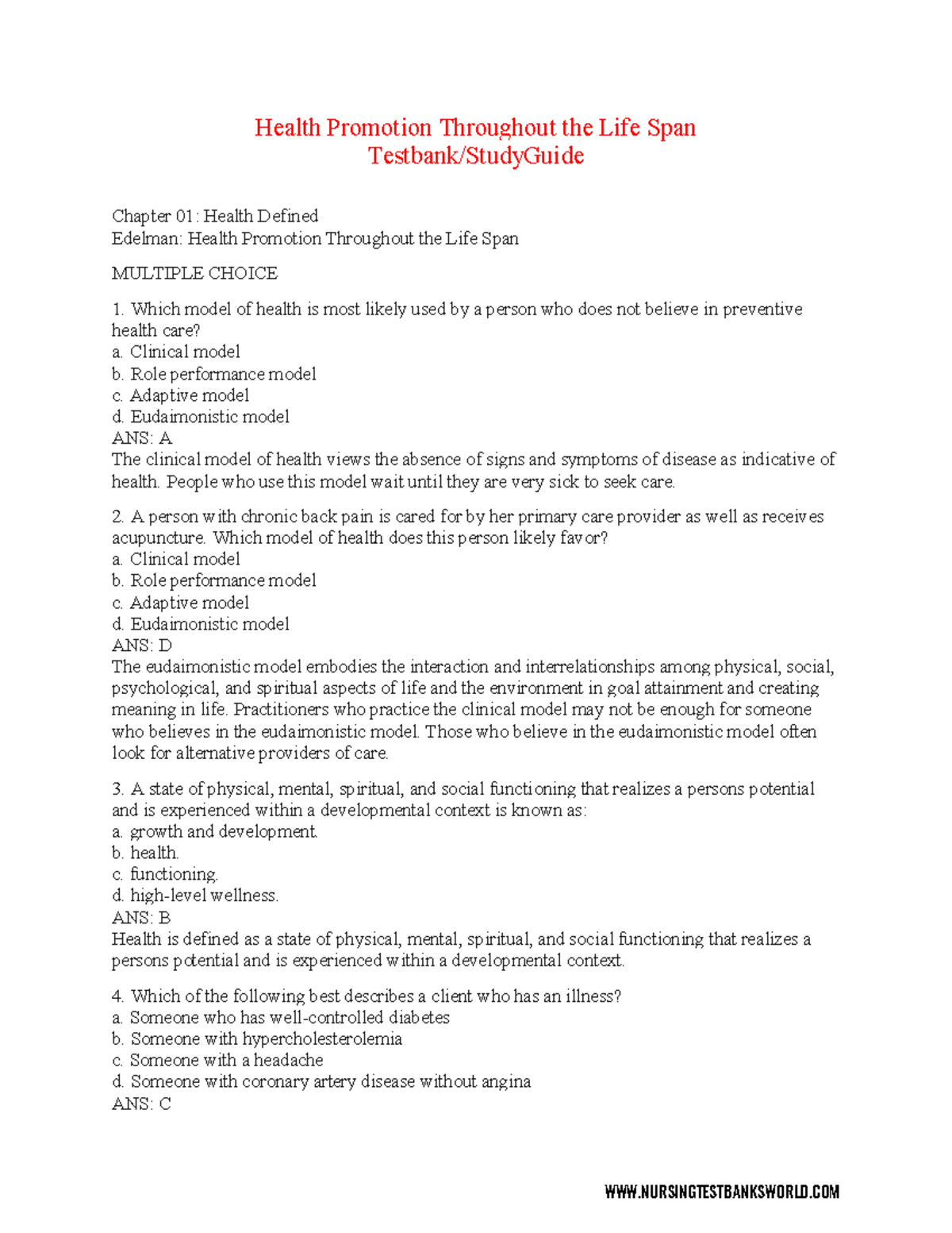 Test Bank - Health Promotion Throughout the Life Span Testbank ...