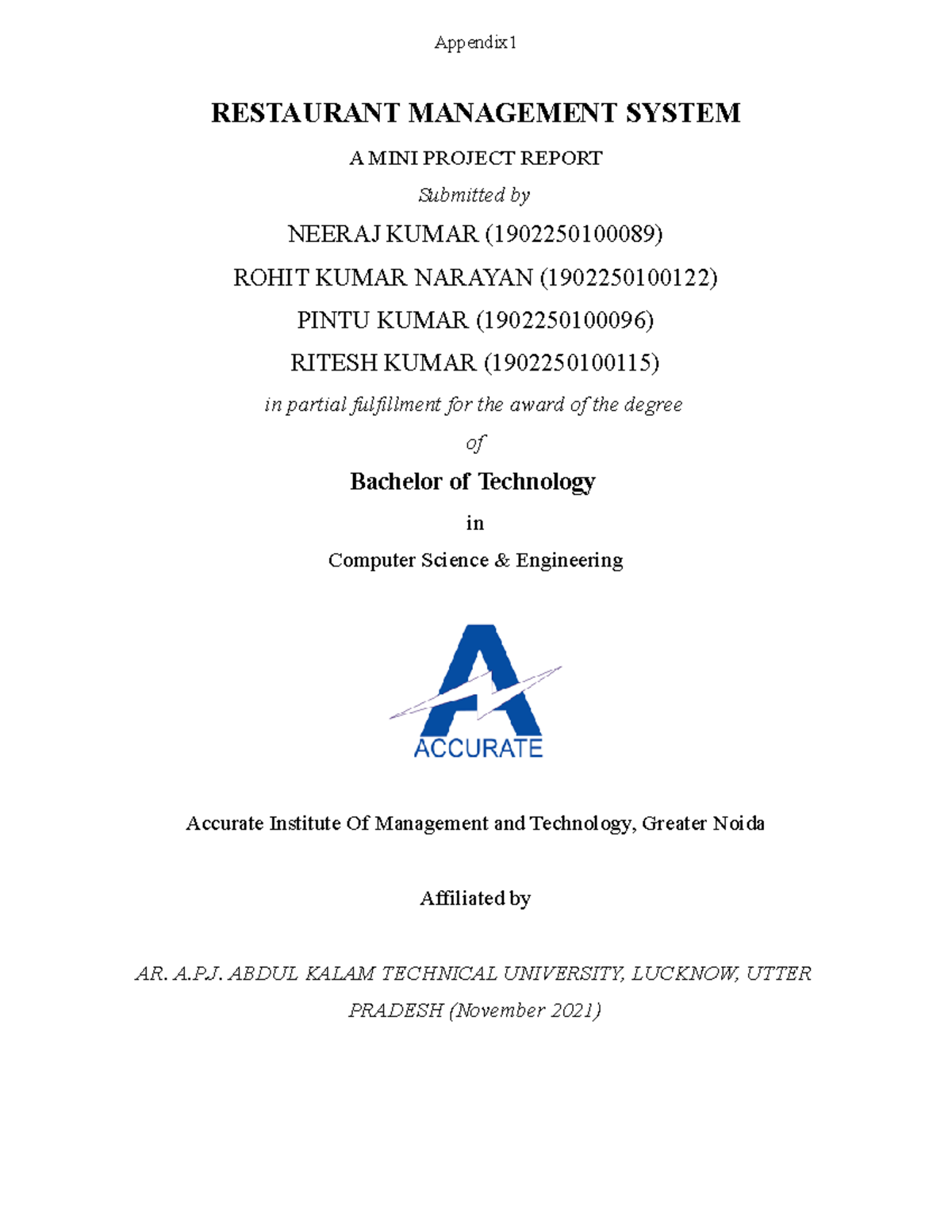 Report File - good - Appendix RESTAURANT MANAGEMENT SYSTEM A MINI ...