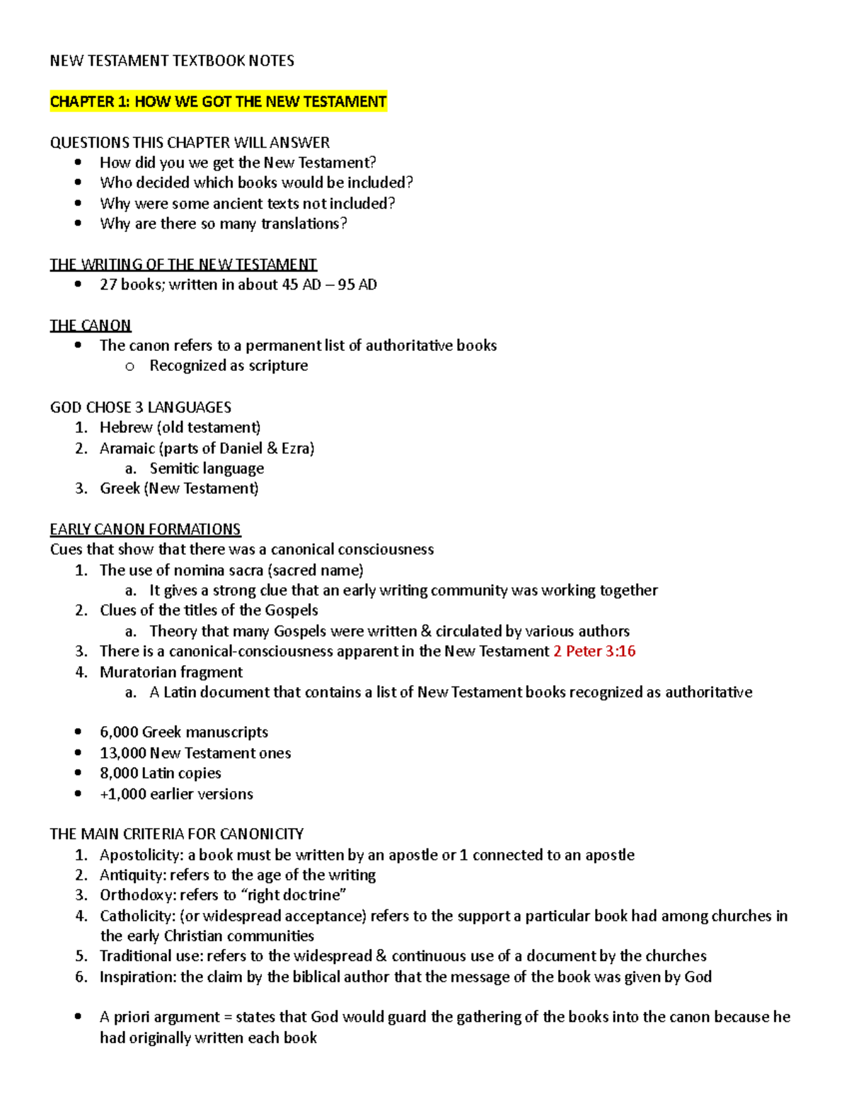 New Testament Textbook Notes - NEW TESTAMENT TEXTBOOK NOTES CHAPTER 1 ...