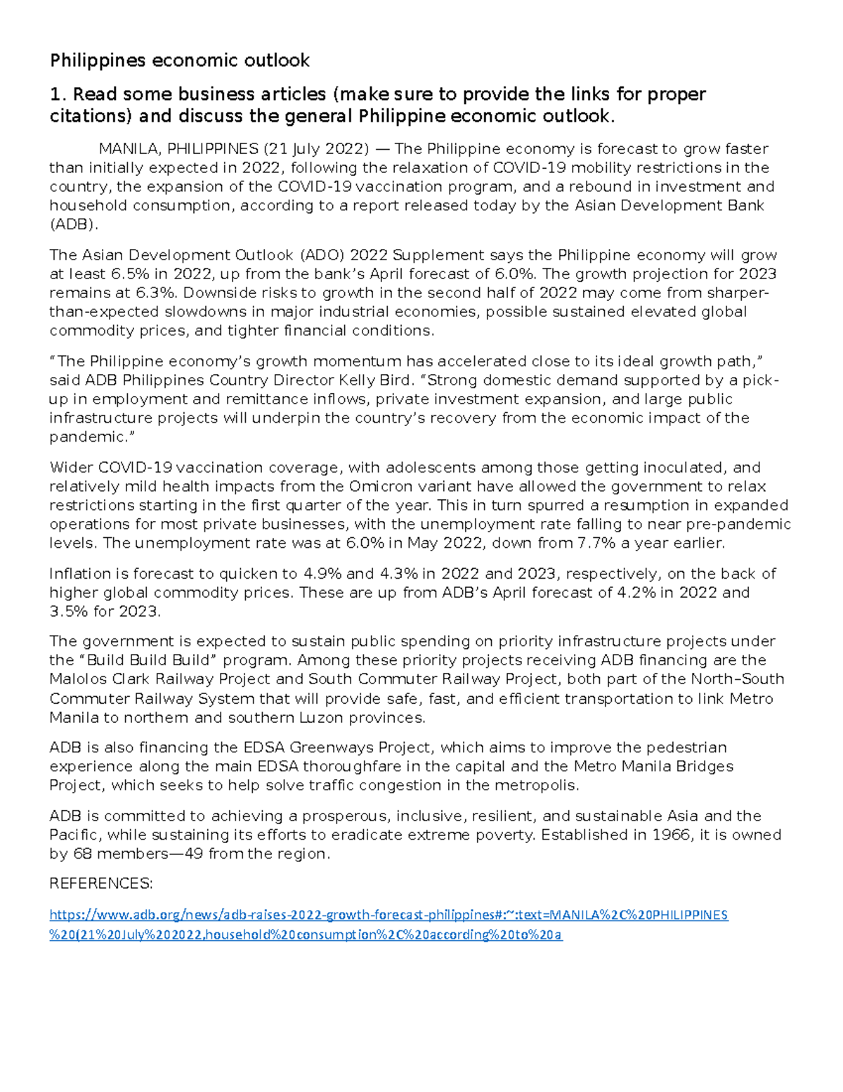 Business article to general Philippines economic outlook - Philippines ...