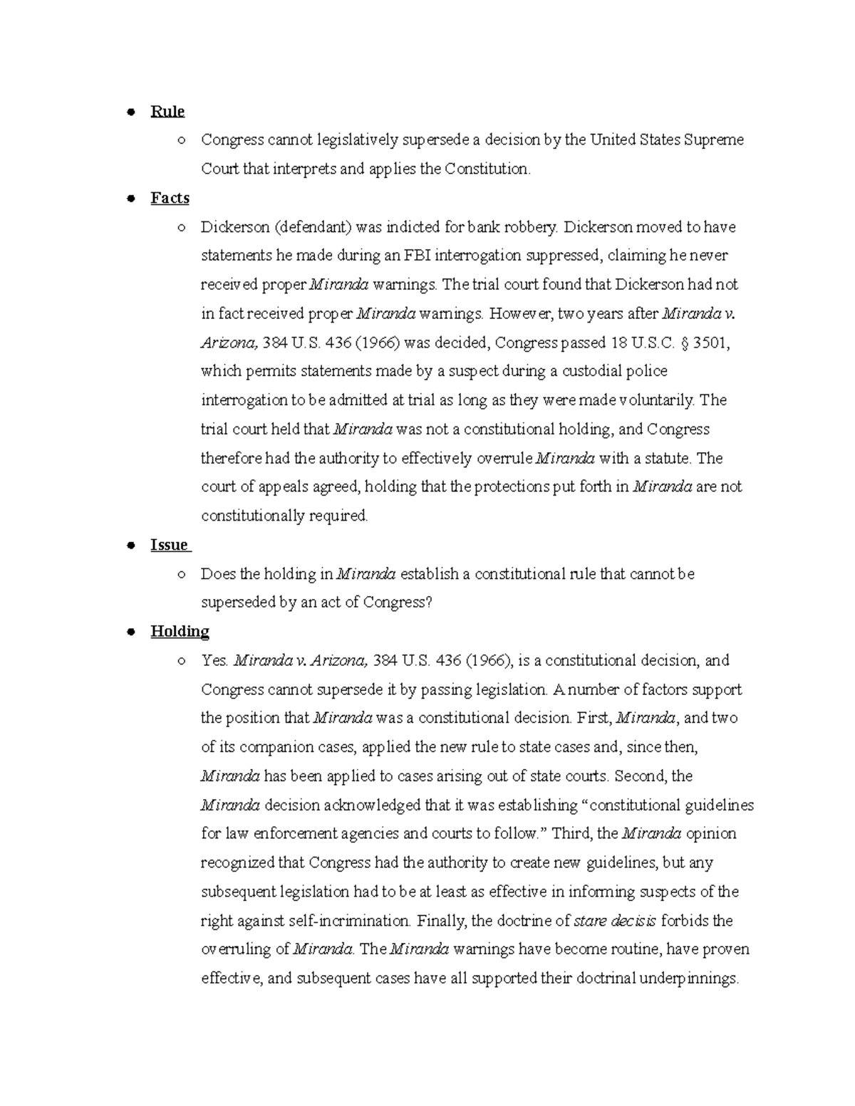 Crim Pro 2022- Dickerson v. United States - Rule Congress cannot ...