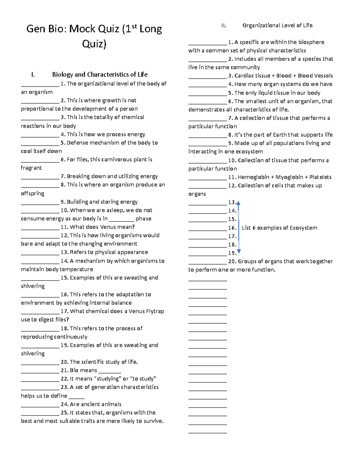 GenBio1 (Mock Quiz) [1st LQ] - Gen Bio: Mock Quiz ( st Long Quiz) I ...