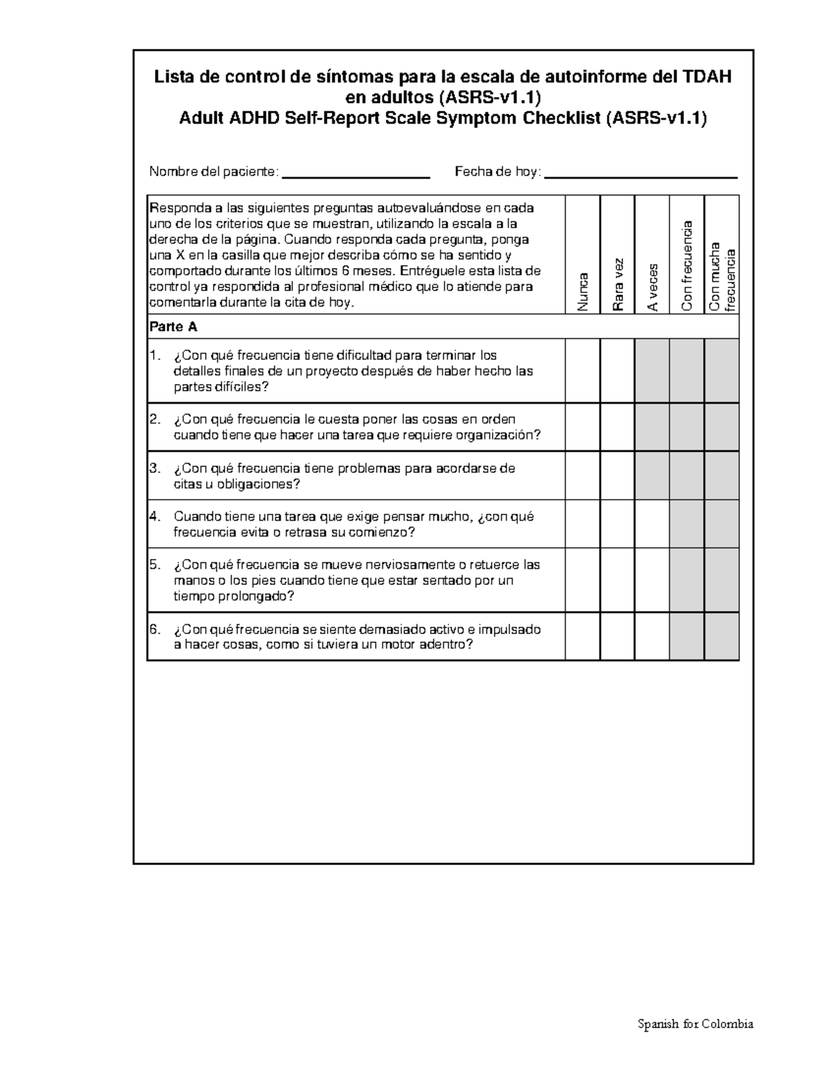 18Q Spanish asrs adulto - Spanish for Colombia Lista de control de ...