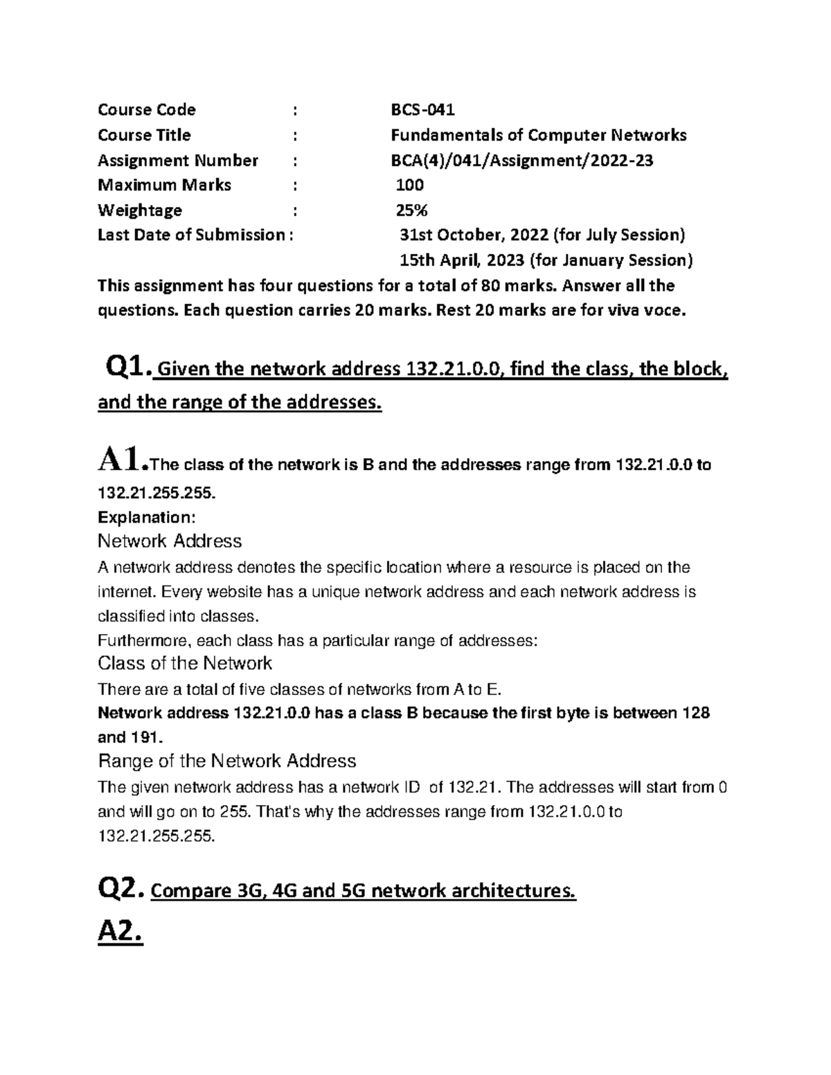 Bcs 41 Assignment 22-23 - Course Code : BCS- Course Title : Fundamentals of Computer Networks ...