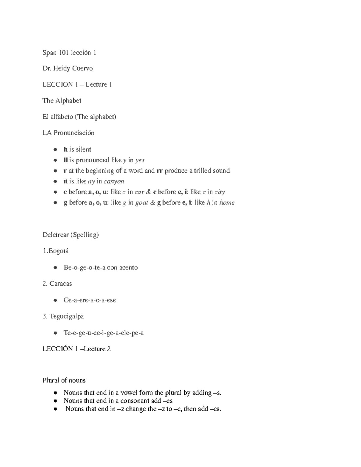SPAN 101 Lesson 1 - Lecture notes of online spanish class of Dr. Heidy ...