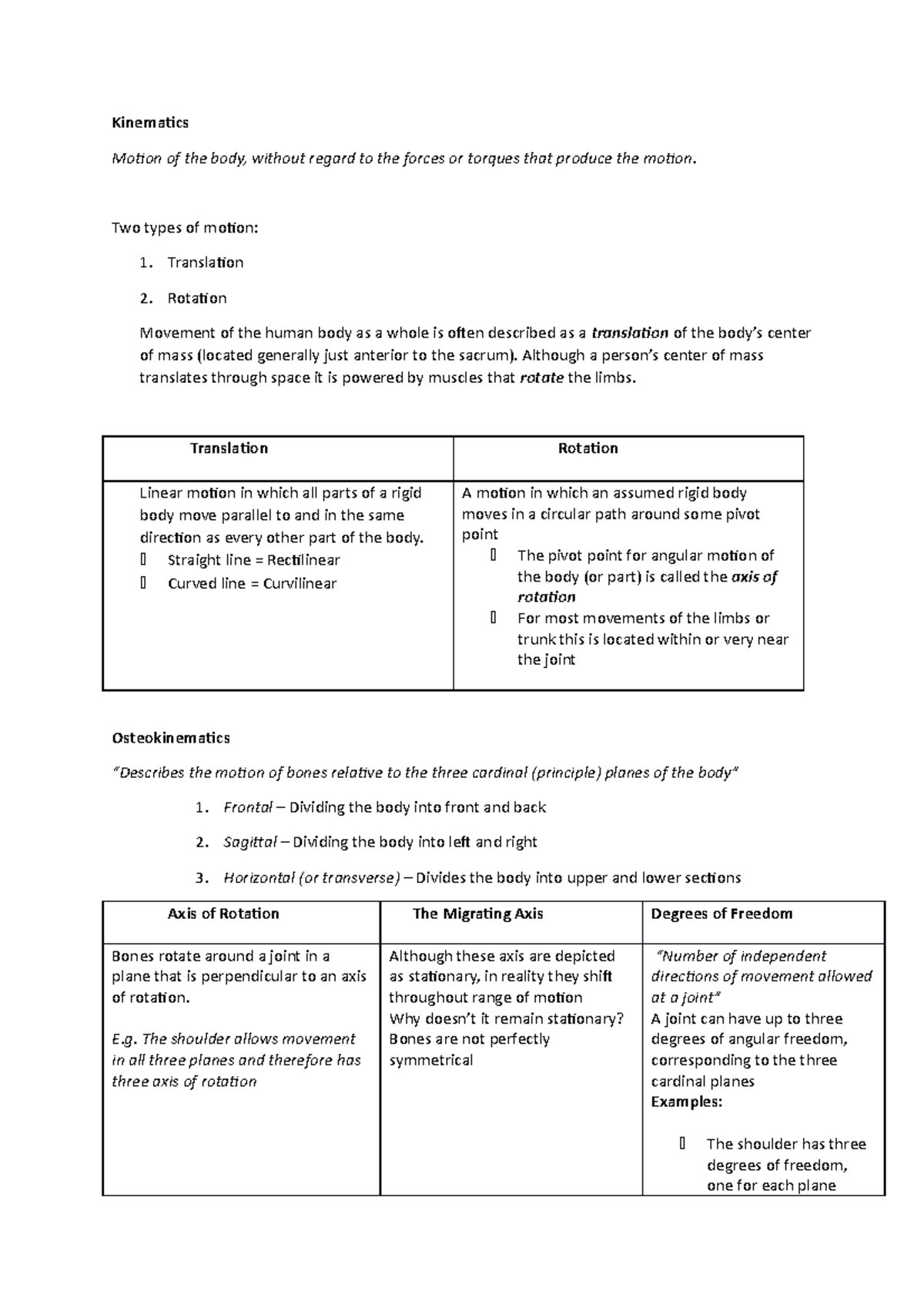 Kinematics - Lecture notes 1 - Kinematics Motion of the body, without ...