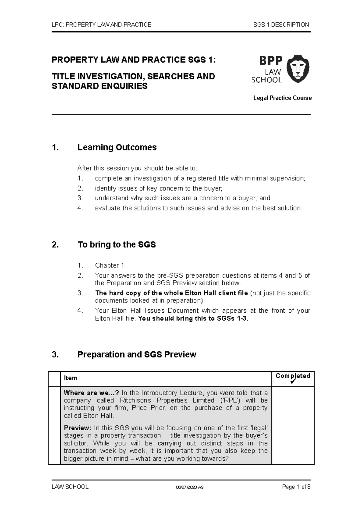 Property SGS 1 Description 22 23 - LPC: PROPERTY LAW AND PRACTICE SGS 1 ...