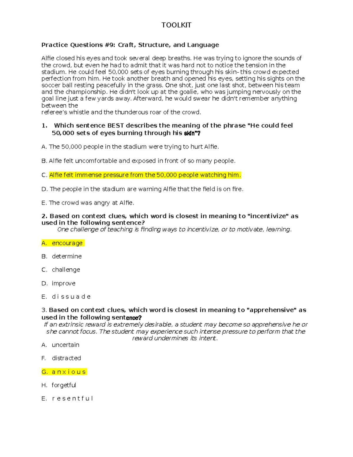 Practice Questions # 9 - TOOLKIT Practice Questions #9: Craft ...