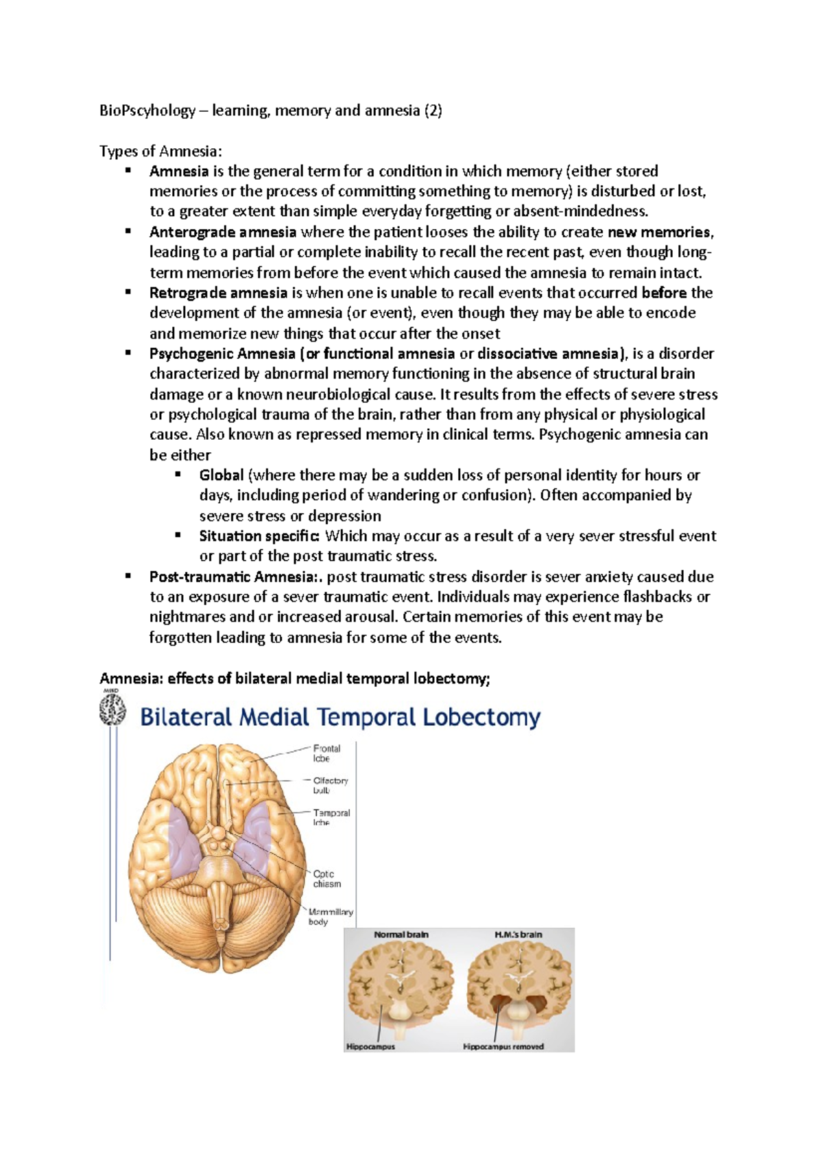 Memory amnesia - BioPscyhology – learning, memory and amnesia (2) Types ...