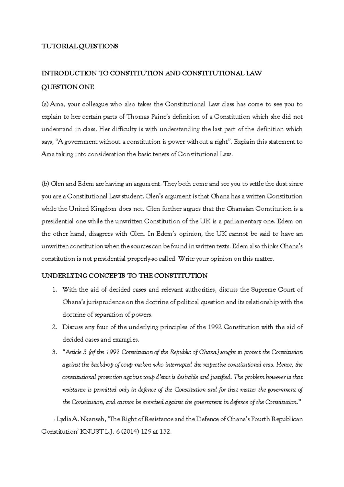 Tutorial Questions 4 - Constitutional law case for briefing - TUTORIAL ...