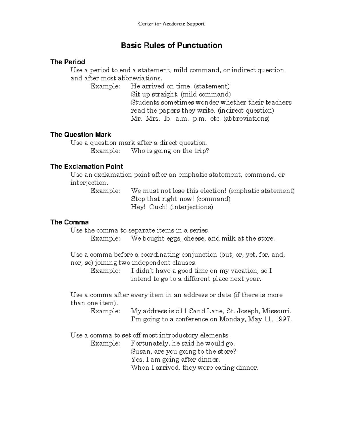 Basic Rules of Punctuation - Center for Academic Support Basic Rules of ...