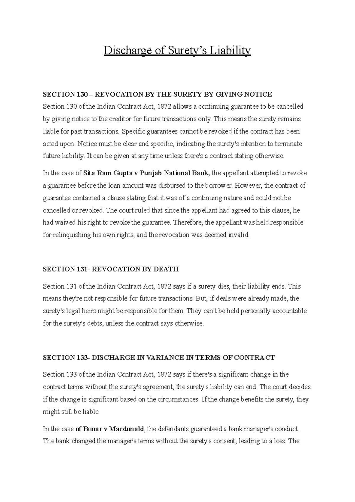 Discharge of Surety - This means the surety remains liable for past ...