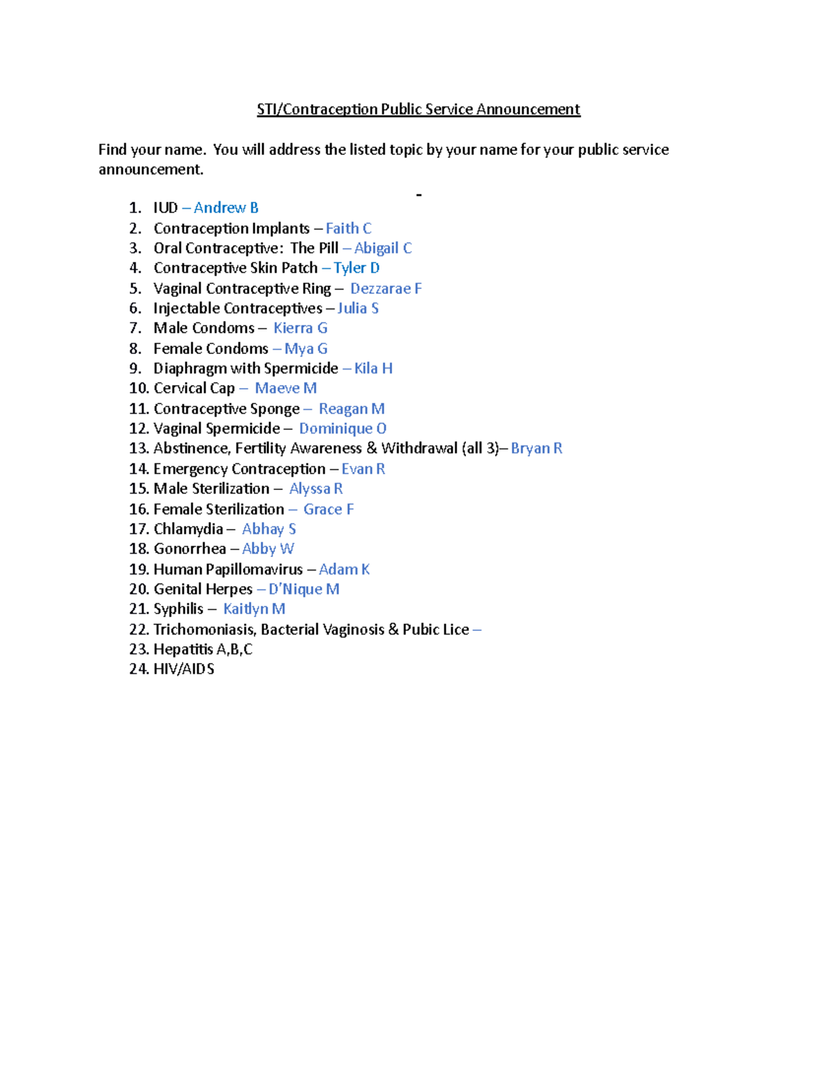 HLTH 101 PSA W02 Assigned Topics - STI/Contraception Public Service ...