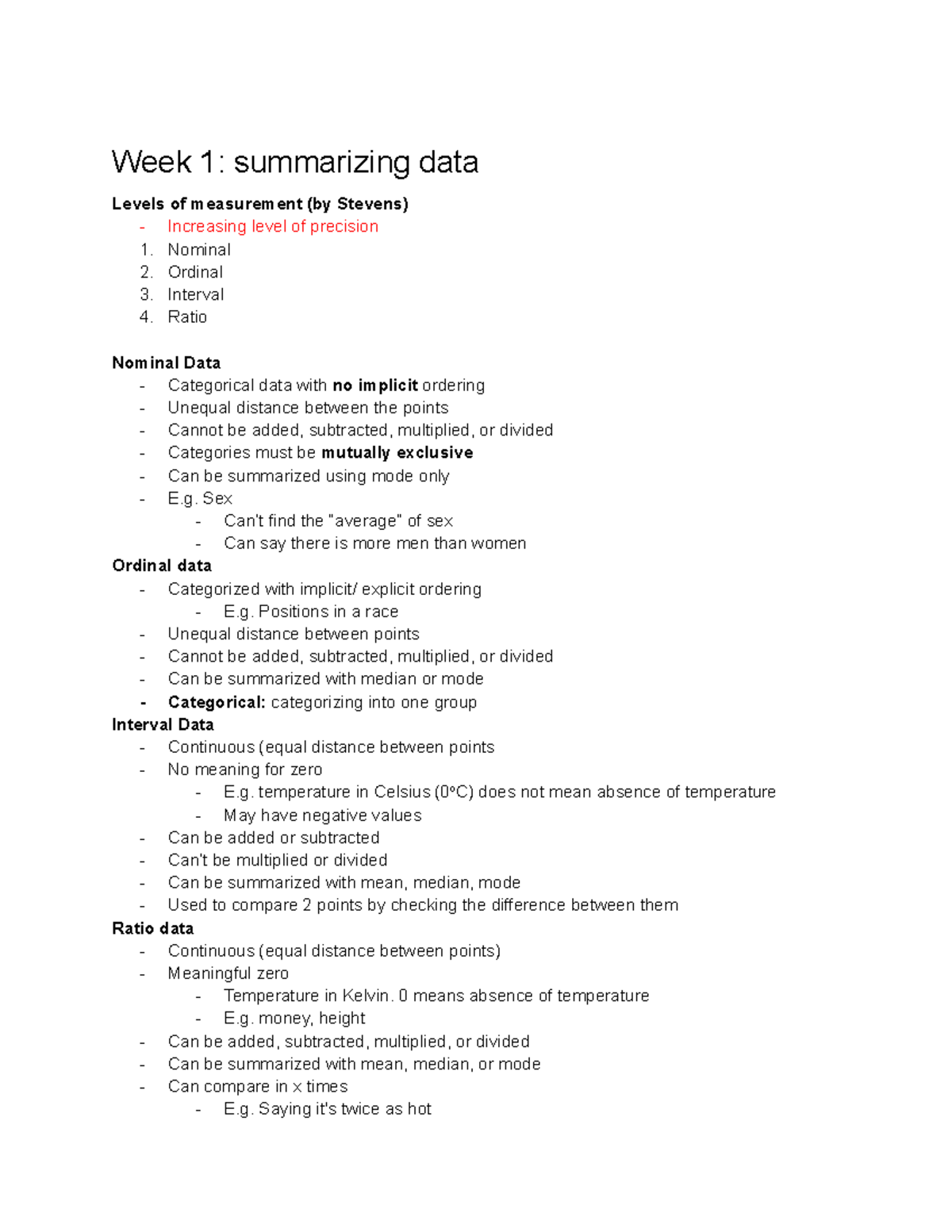 Week 1, Lesson 1 - Week 1: summarizing data Levels of measurement (by ...